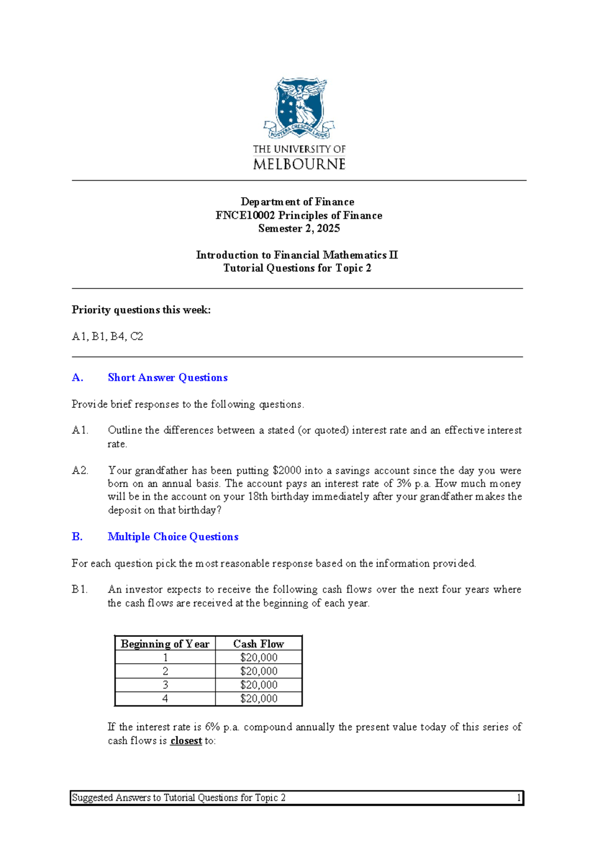 Principles of Finance (FIN 202) Tutorial Questions for Topic 2 - Studocu