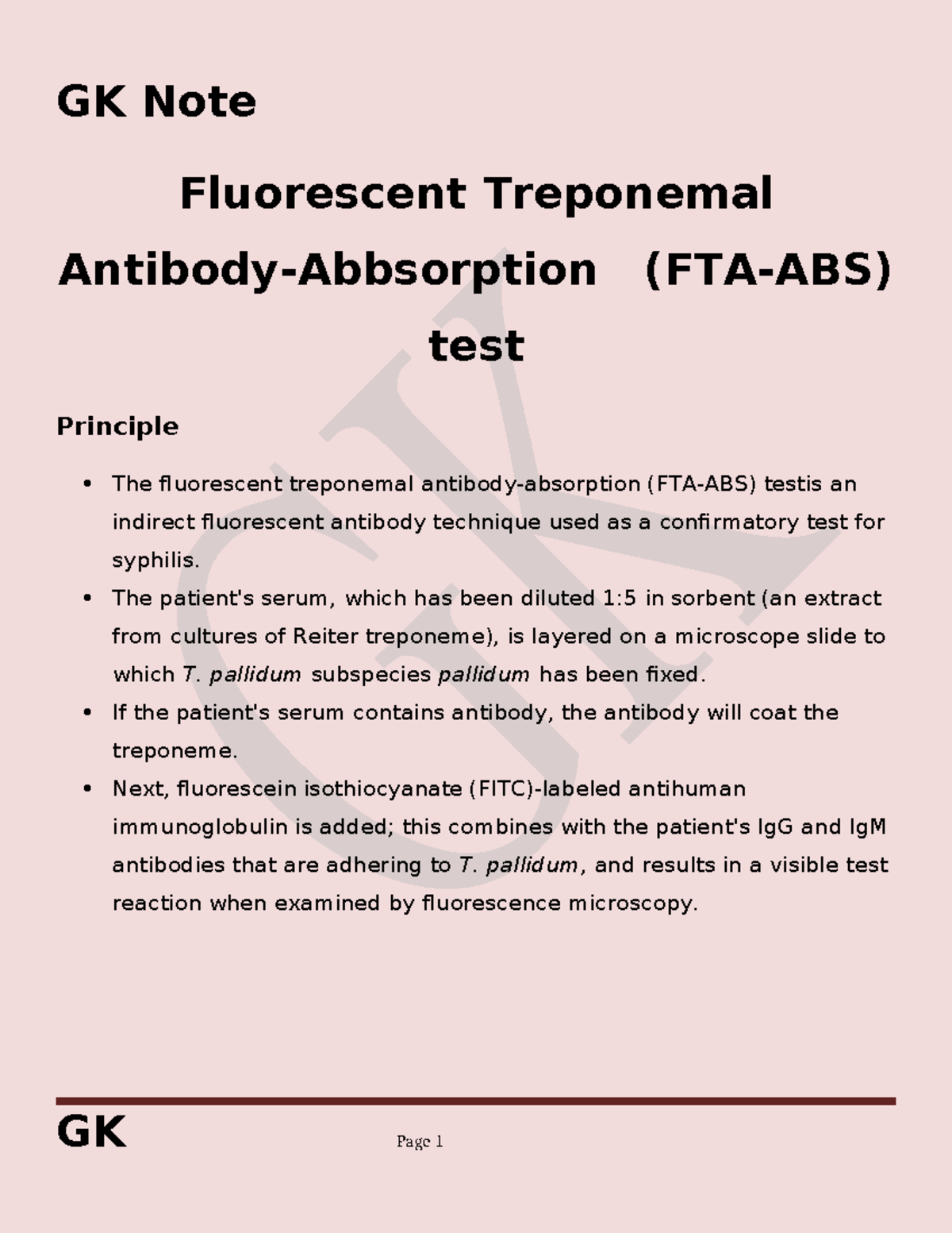 GK-FTI-ABS: Fluorescent Treponemal Test Principles and Procedures - Studocu
