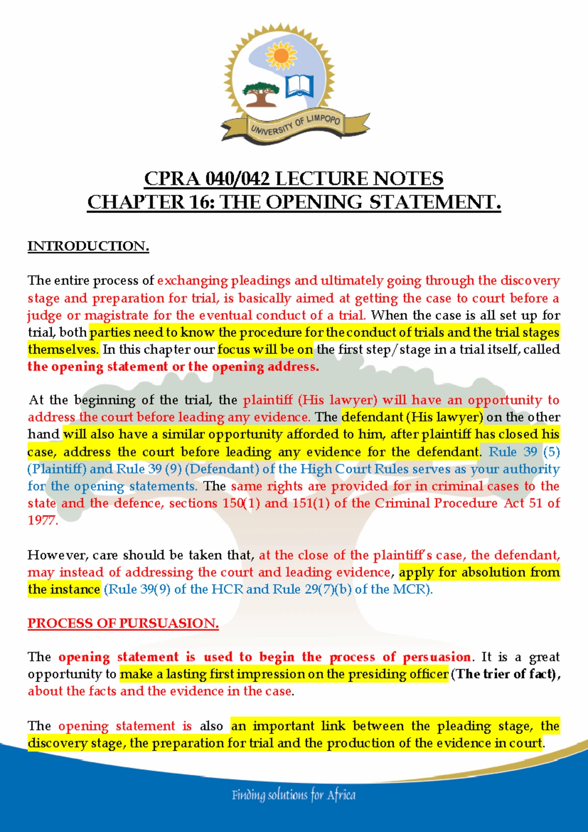 Lecture Notes Chapter 18 Cross Examination - CPRA 040/042 LECTURE NOTES ...