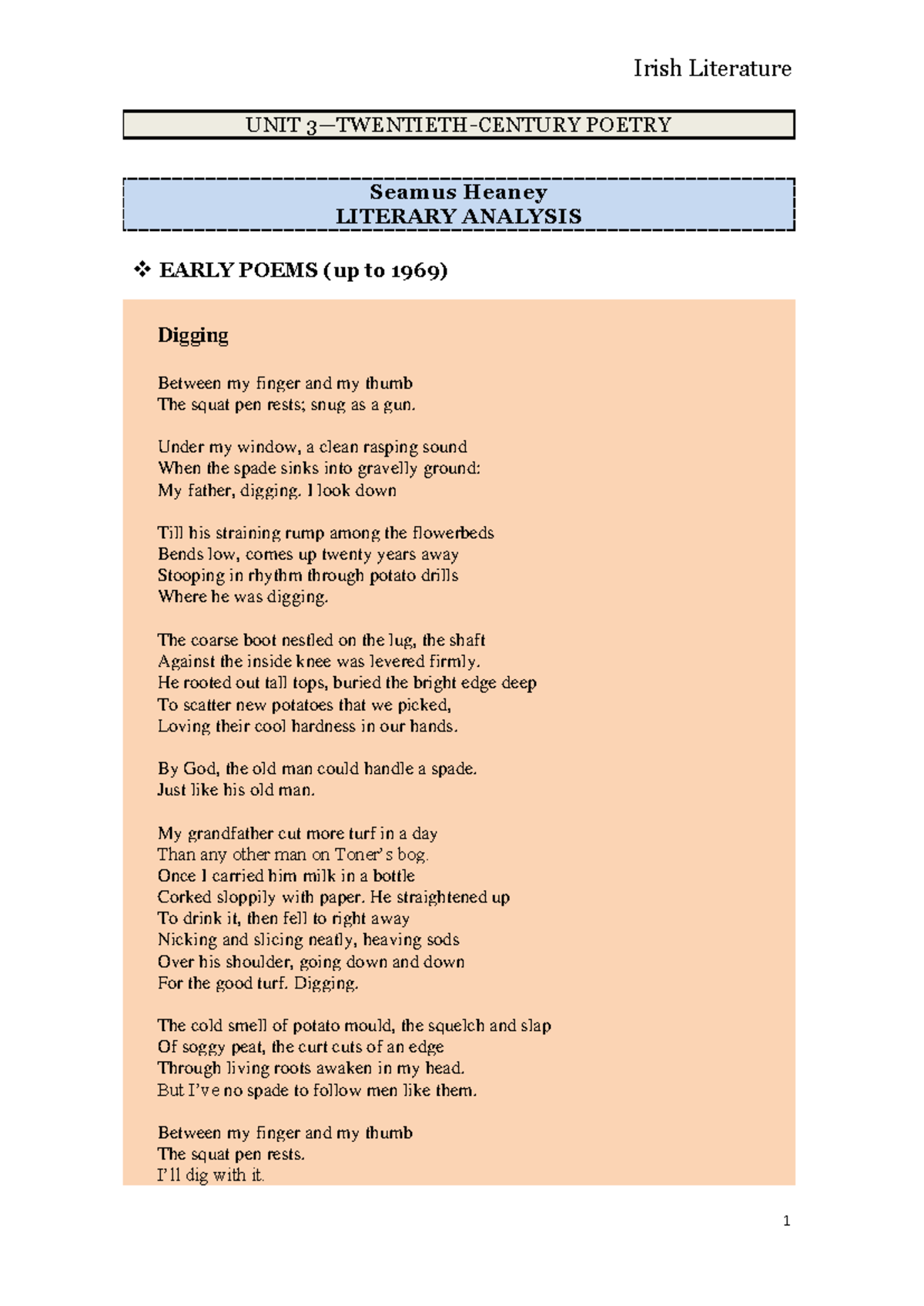 Literary Analysis of Seamus Heaney's Poems: Unit 3, Twentieth-Century ...