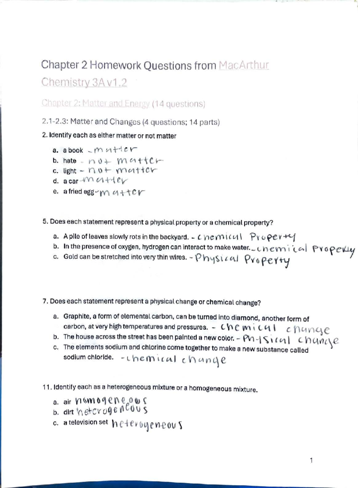 Chapter 2 Homework Questions for Chemistry 3A: Matter and Changes - Studocu