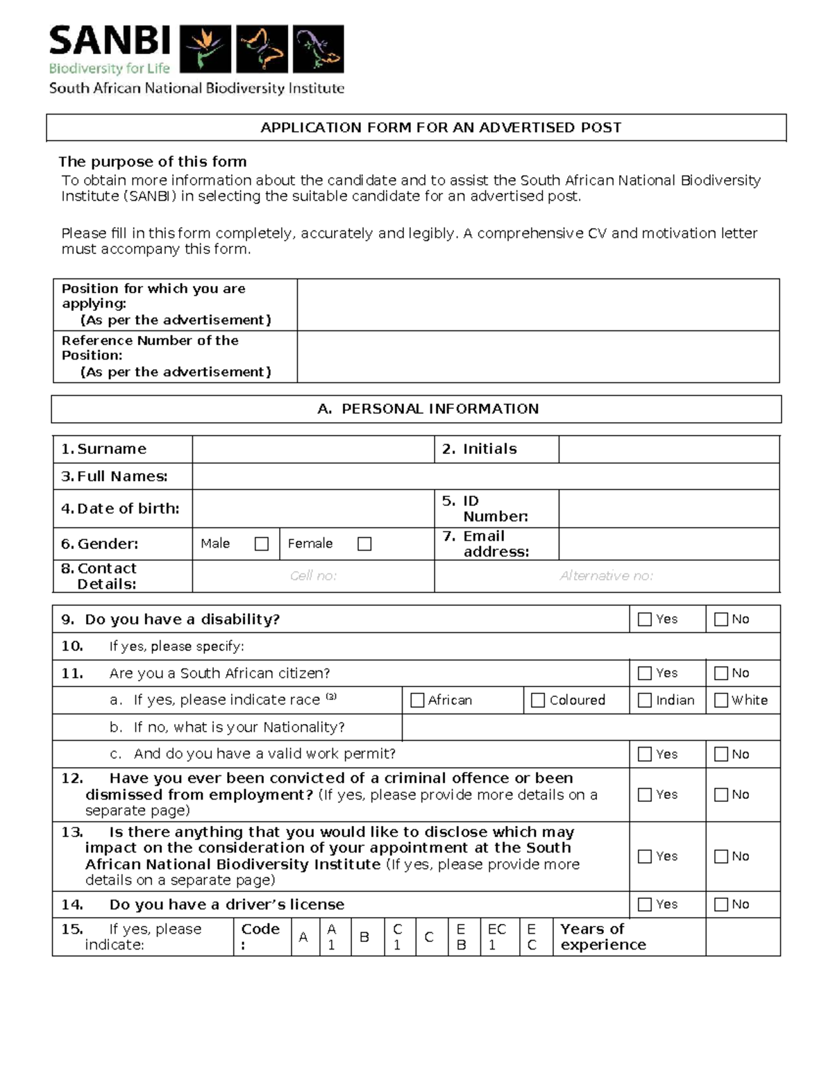 SANBI Application Form for Advertised Post - Candidate Information - Studocu