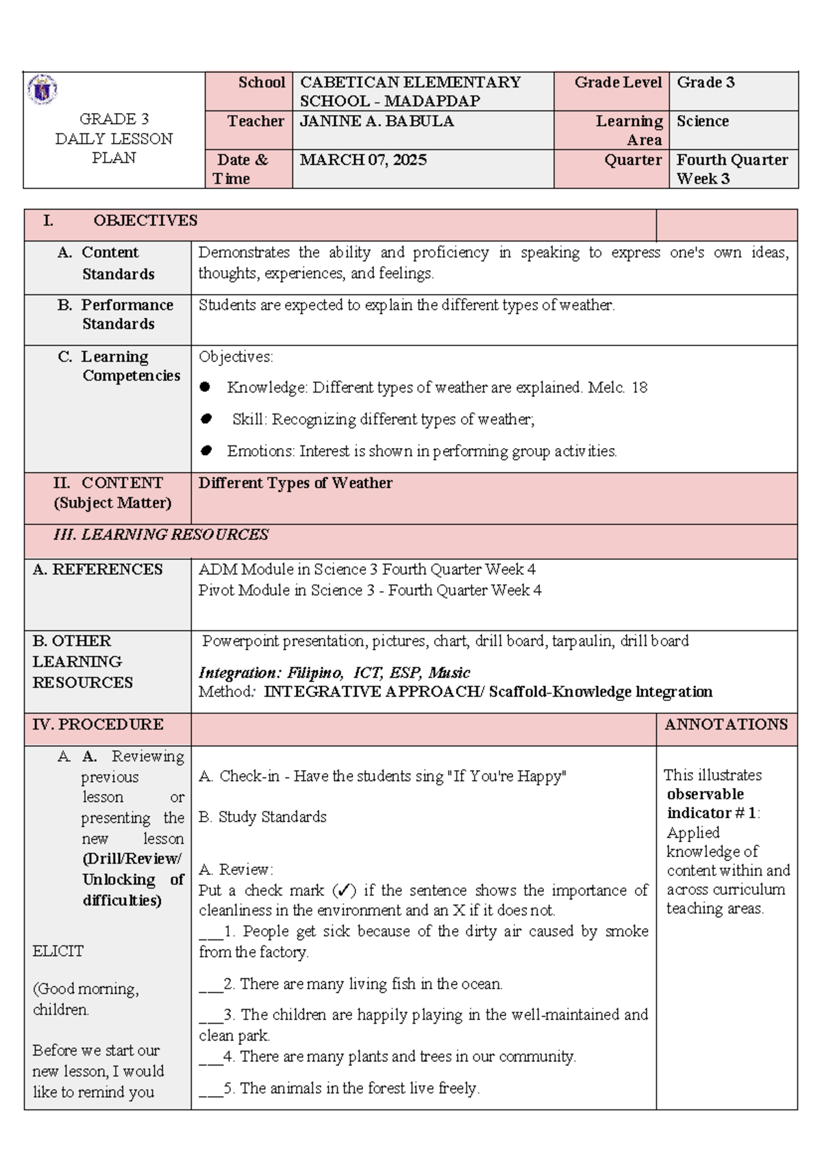 COT Science 3 Q4 W3: Daily Lesson Plan on Weather Types - Studocu