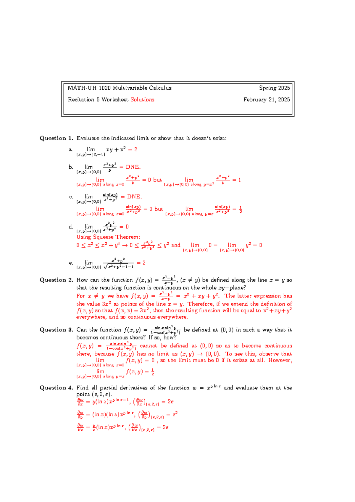 1020 Multivariable Calculus Spring 2025 Recitation 5 Worksheet ...