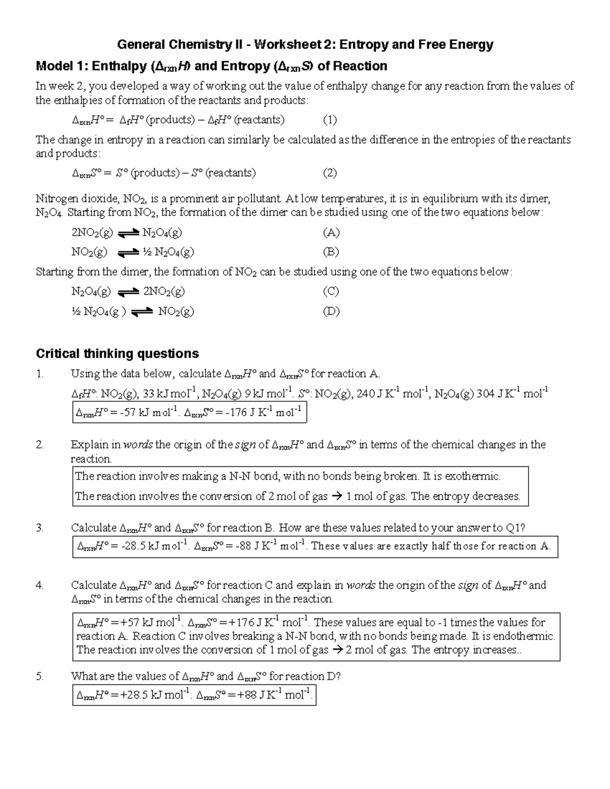 Tutorial Sheet 2 key - General Chemistry II - Worksheet 2 : Entropy and ...