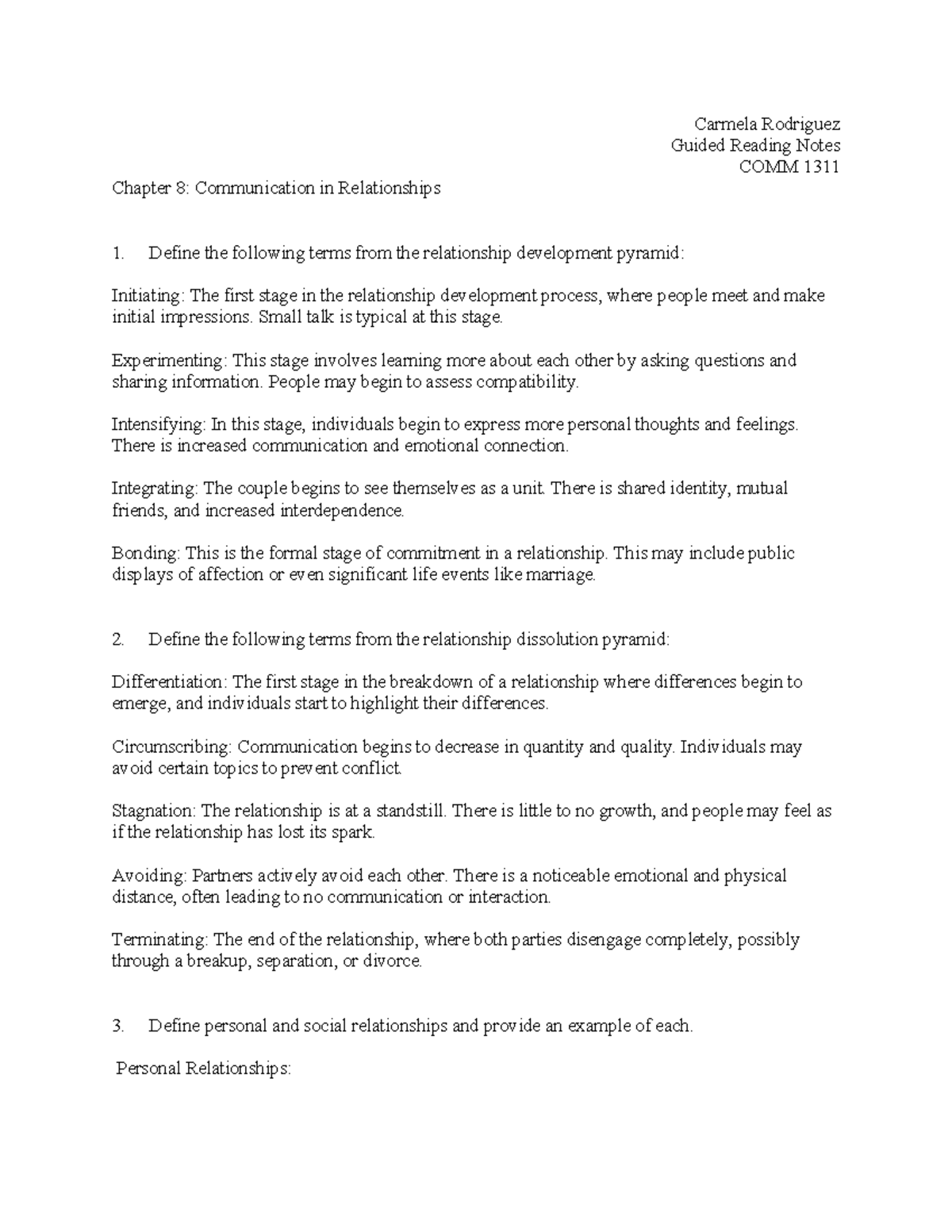 Guided Reading Notes on Communication in Relationships for COMM 1311 ...