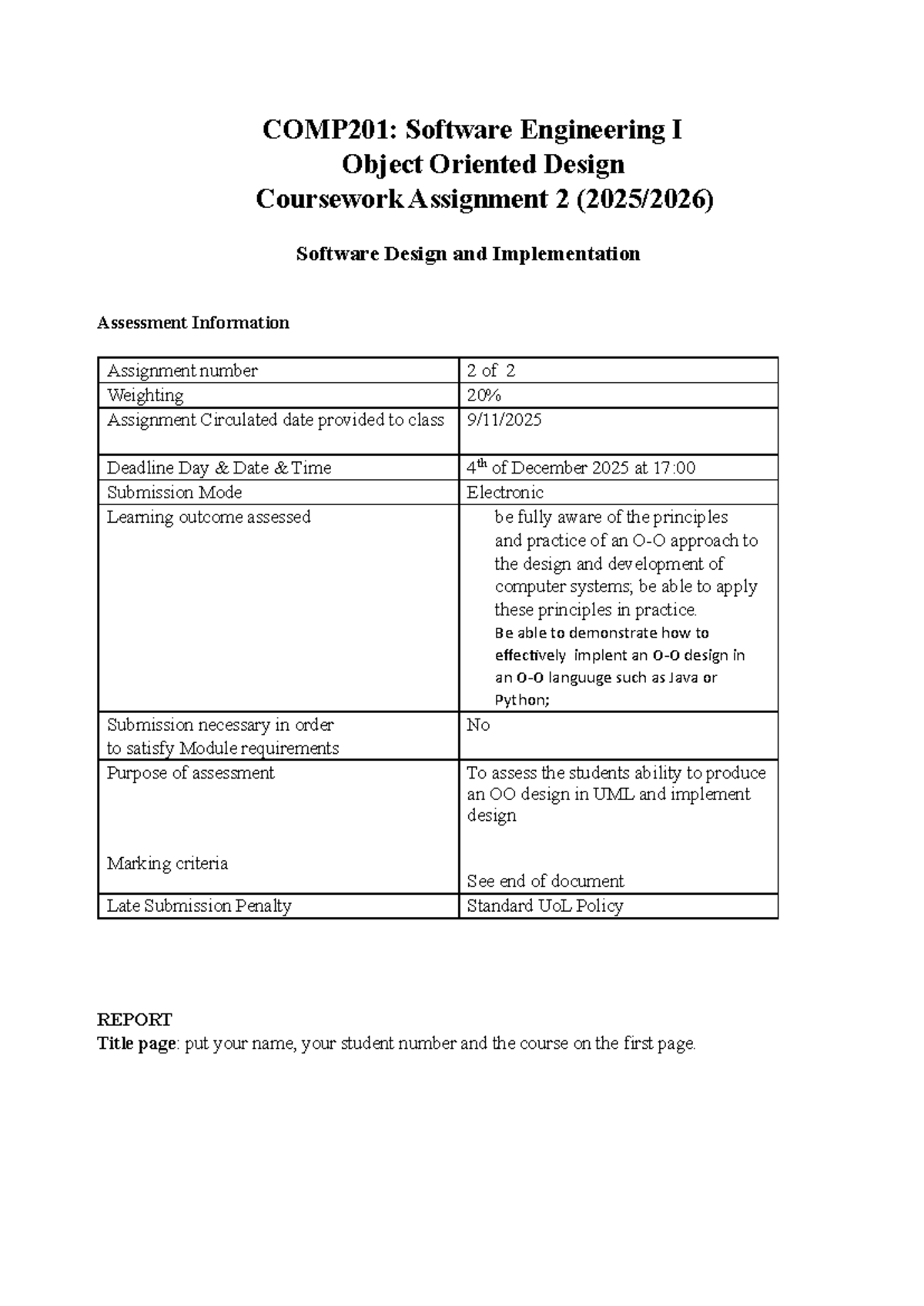COMP201: Software Engineering I - OO Design Coursework Assignment 2 ...