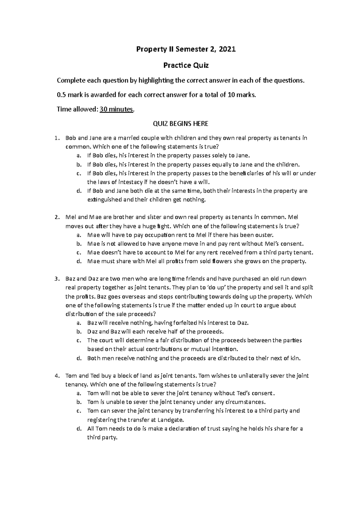 Property Law 2 - Semester 2, 2021 Practice Quiz Review - Studocu