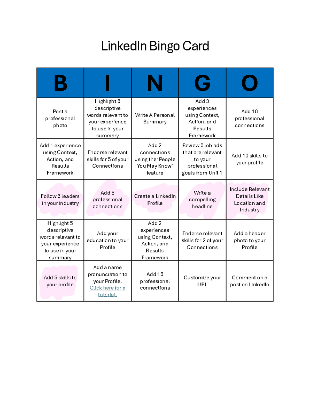 LinkedIn Bingo Card for MGMT3400 S24: Networking Essentials - Studocu