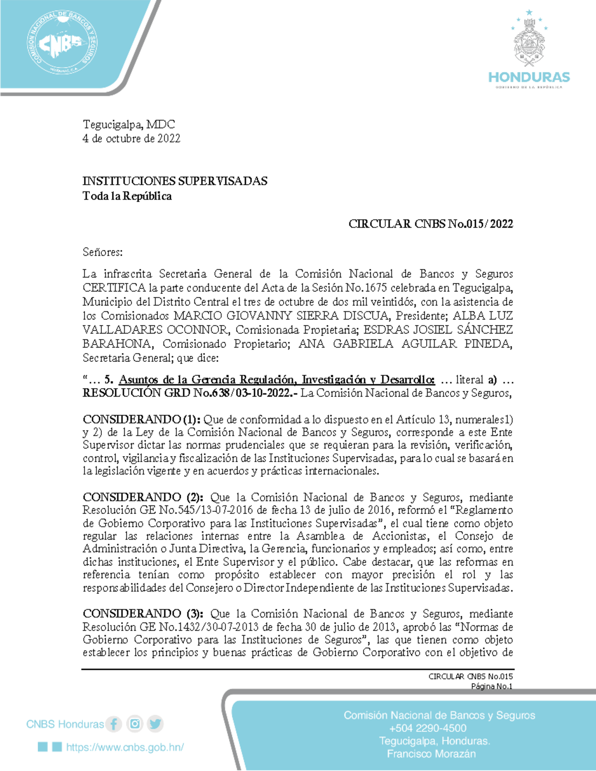 Reglamento de Gobierno Corporativo - Circular CNBS 015/2022 - Studocu