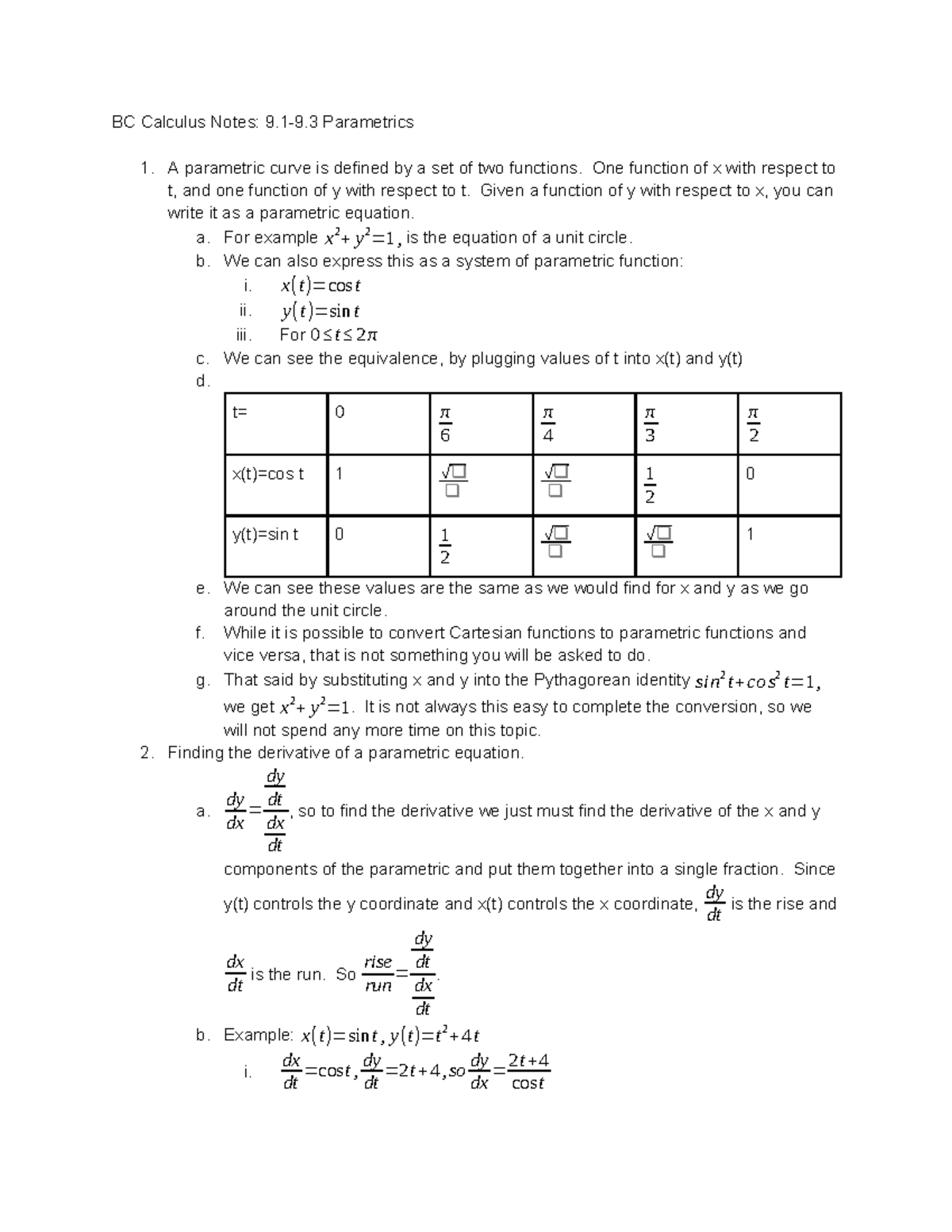 BC Calculus Notes: Parametric Equations (Ch 9.1-9.3) - Studocu