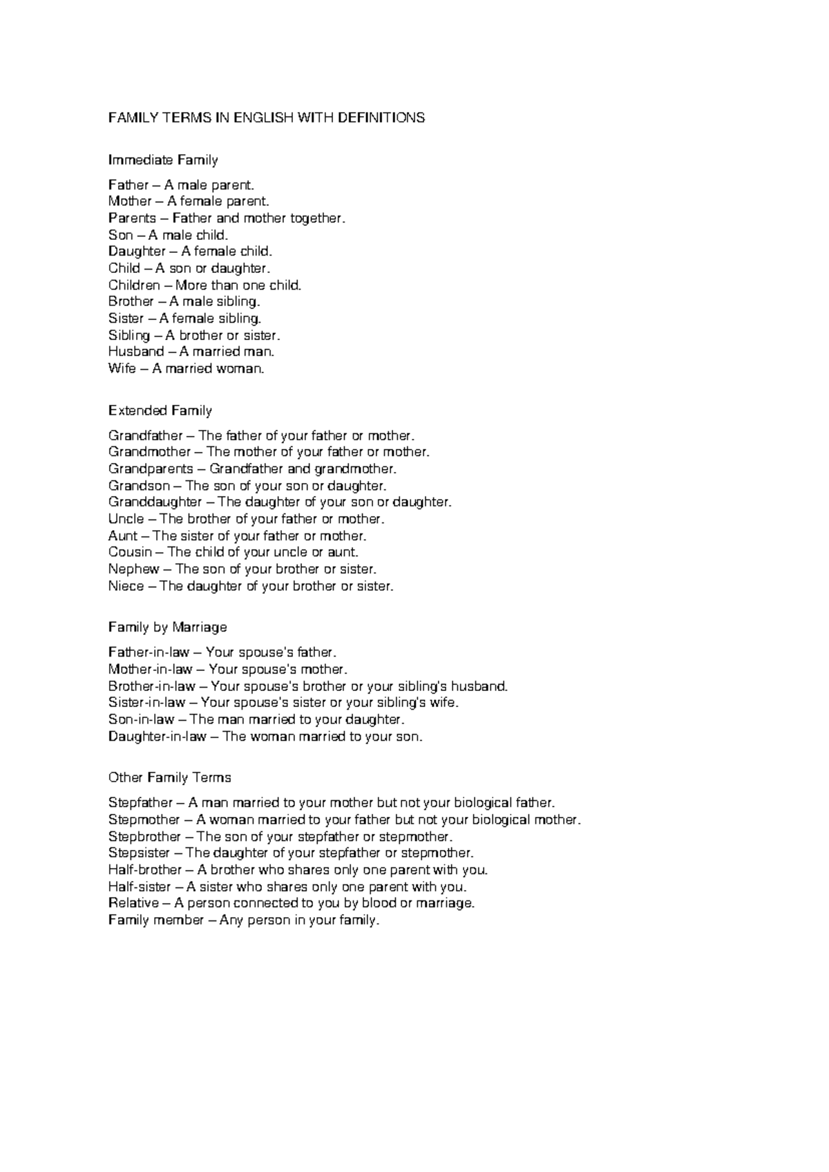 FAMILY TERMS IN ENGLISH: DEFINITIONS AND RELATIONSHIPS - Studocu