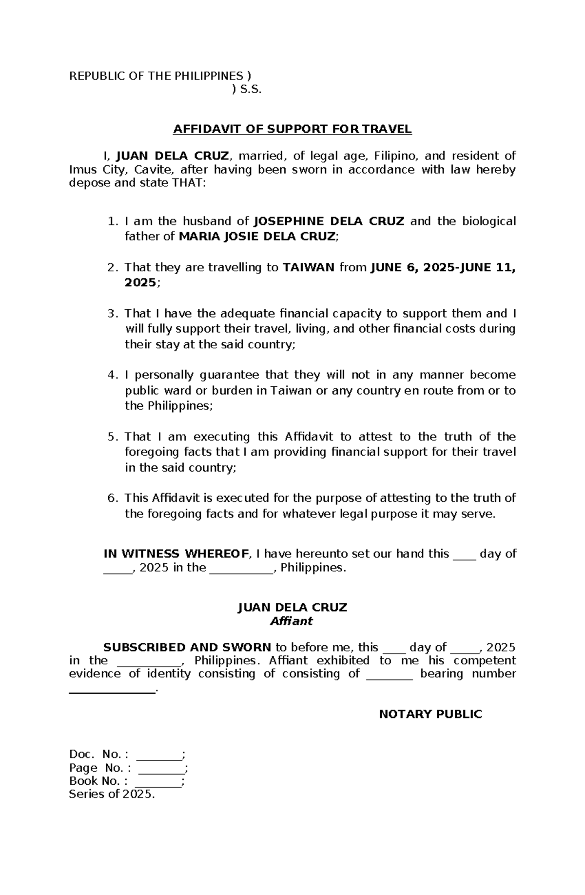 Affidavit of Support for Travel to Taiwan - Juan Dela Cruz - Studocu