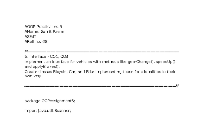 OOP EXP 5: Vehicle Interface Implementation with Code & Output - Studocu