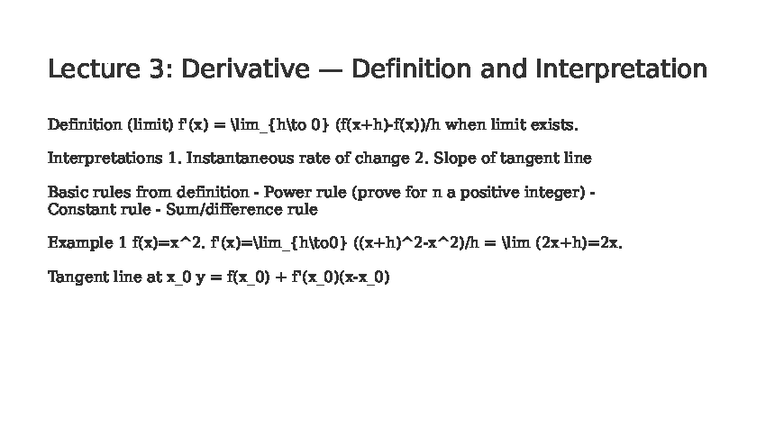 Lecture 3 - Course notes - MATH 100 - Lecture 3: Derivative Definition ...