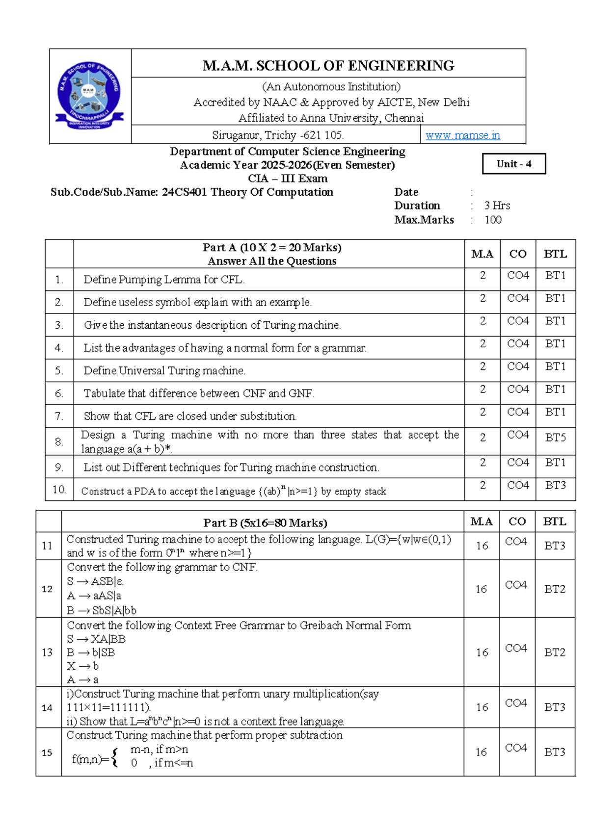 CIA Exam 24CS401 - Theory of Computation Unit 4 Questions - Studocu