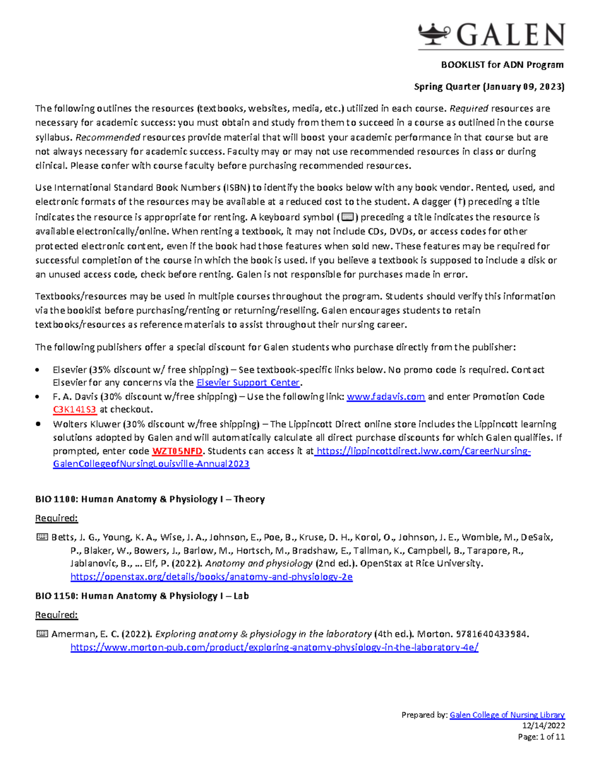 ADN-Booklist: Essential Texts for Nursing Courses in Spring 2023 - Studocu