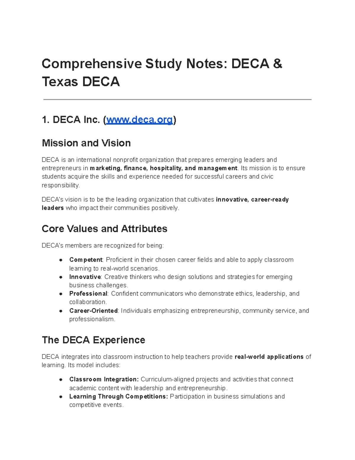 Comprehensive Study Notes: DECA & Texas DECA Programs and Events - Studocu