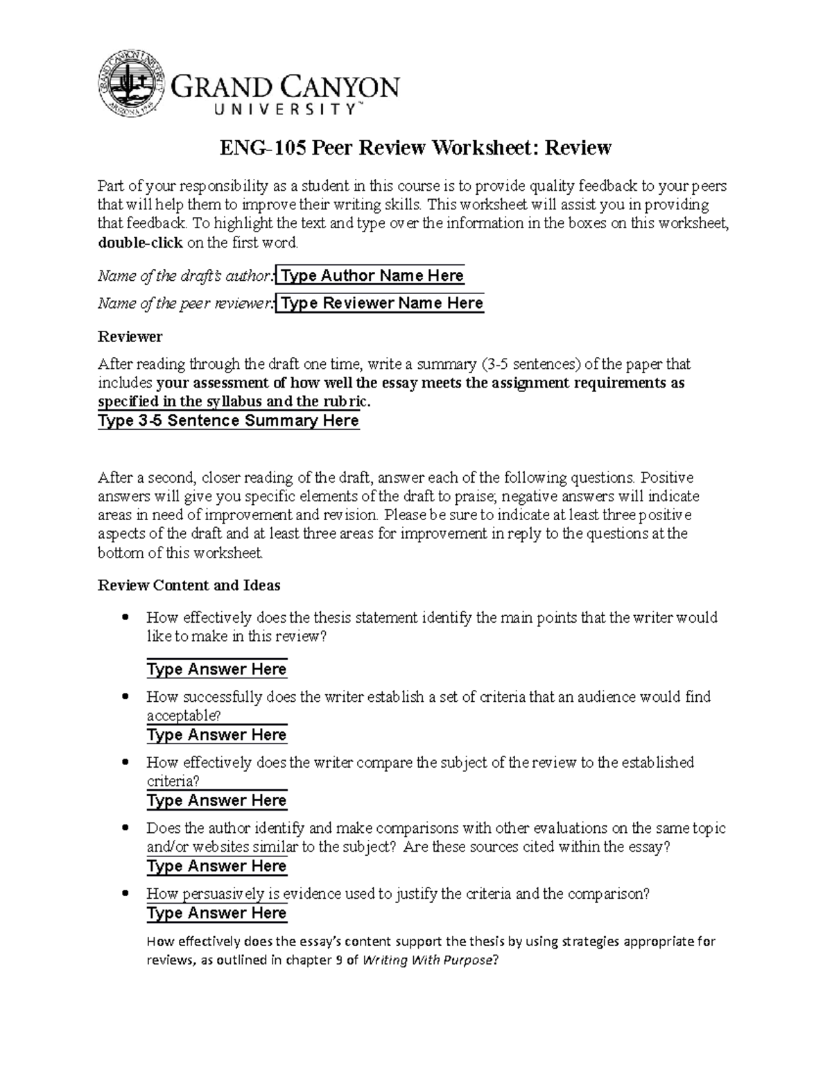 ENG-105 Peer Review Worksheet Guidelines for Student Feedback - Studocu