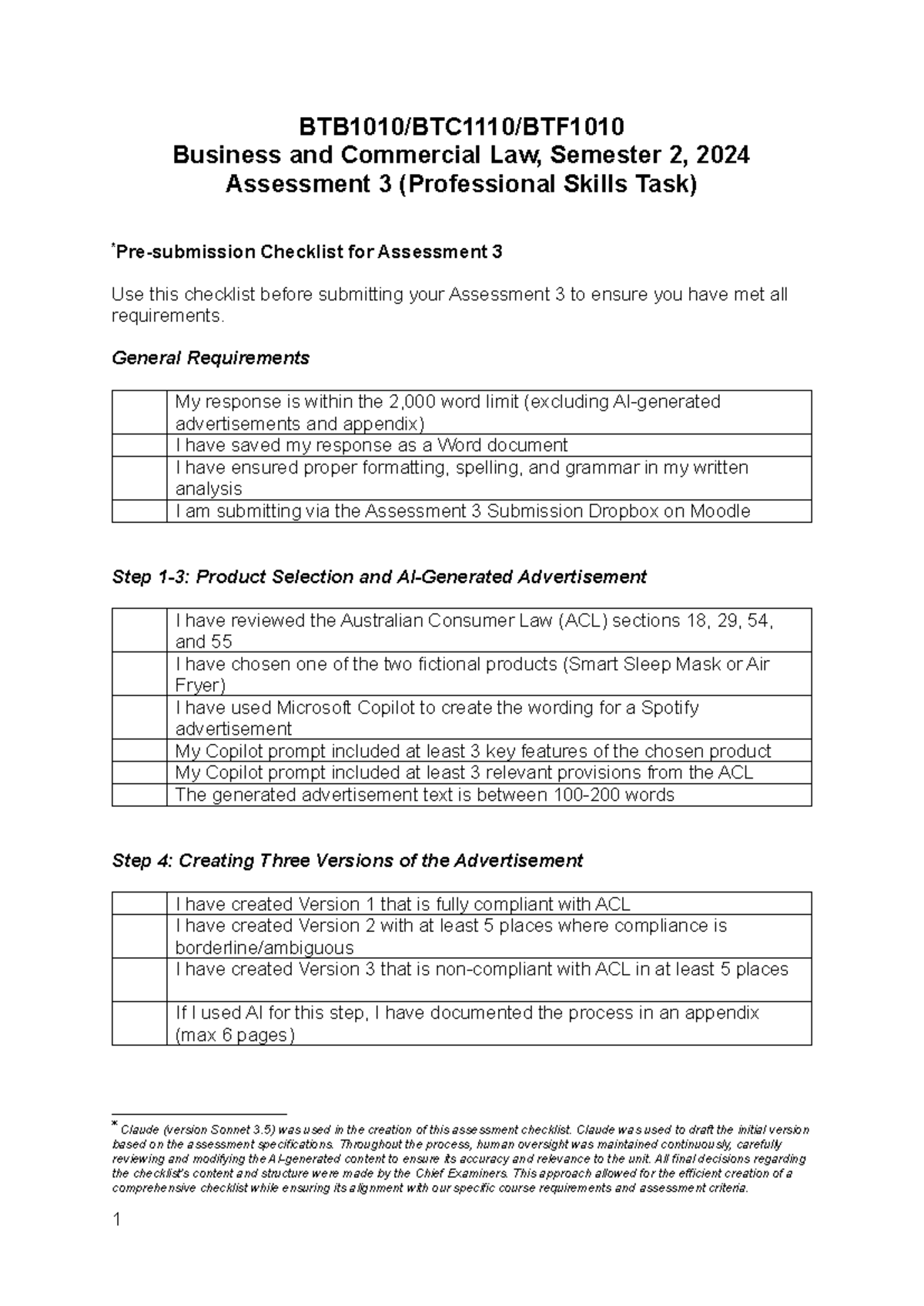 3. Pre-Submission Checklist Assessment 3 - BTB1010/BTC1110/BTF Business ...
