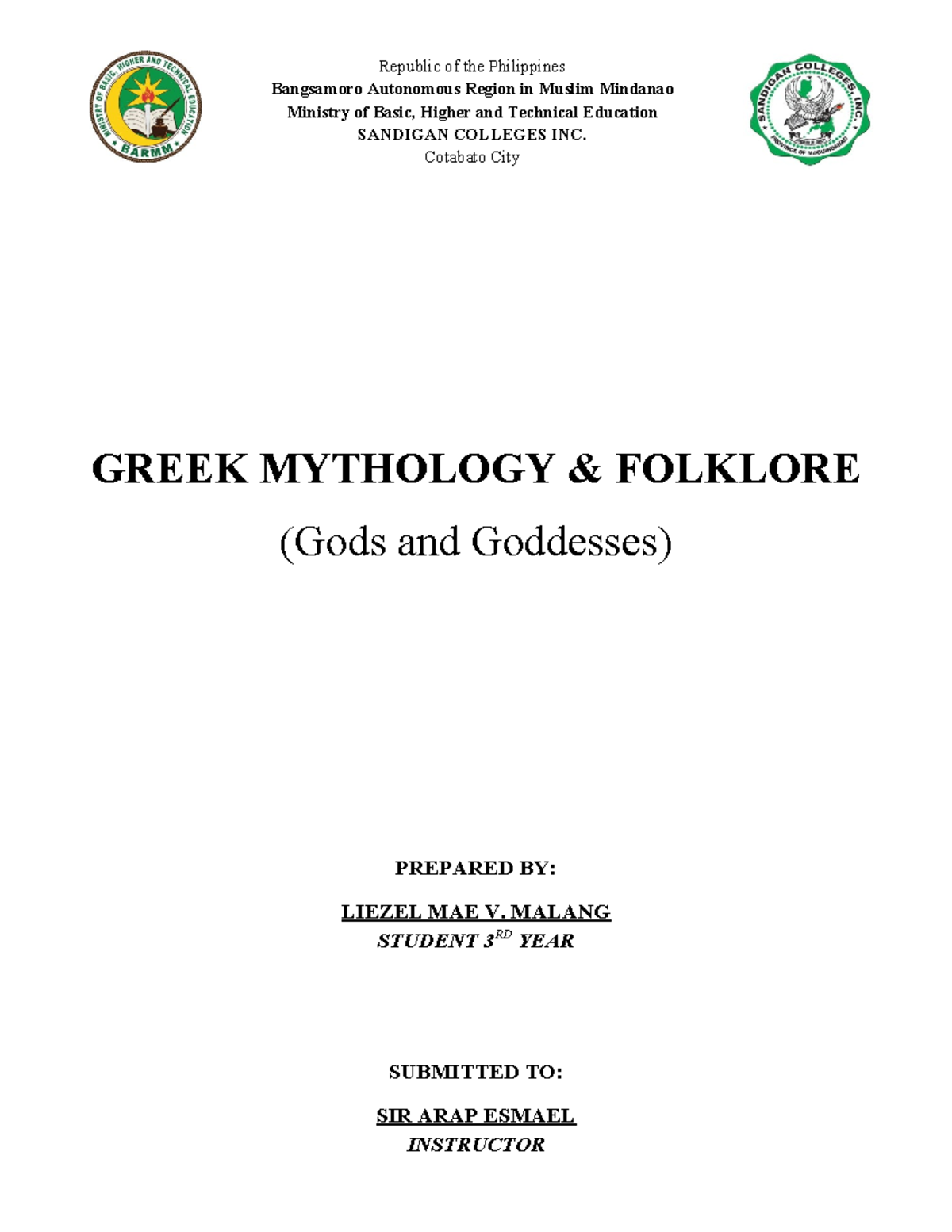 Final Exam Notes on Greek Mythology & Filipino Folklore - SIR ARAP ...