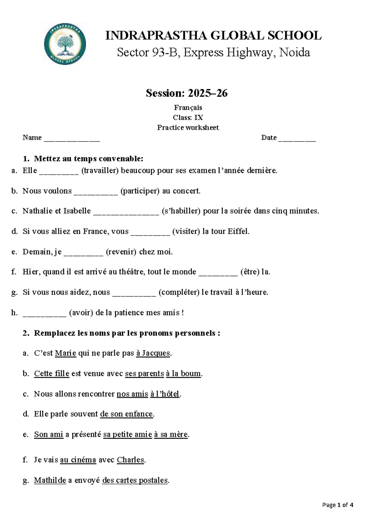 Class IX Français Term 2 Practice Worksheet - 2025-26 - Studocu