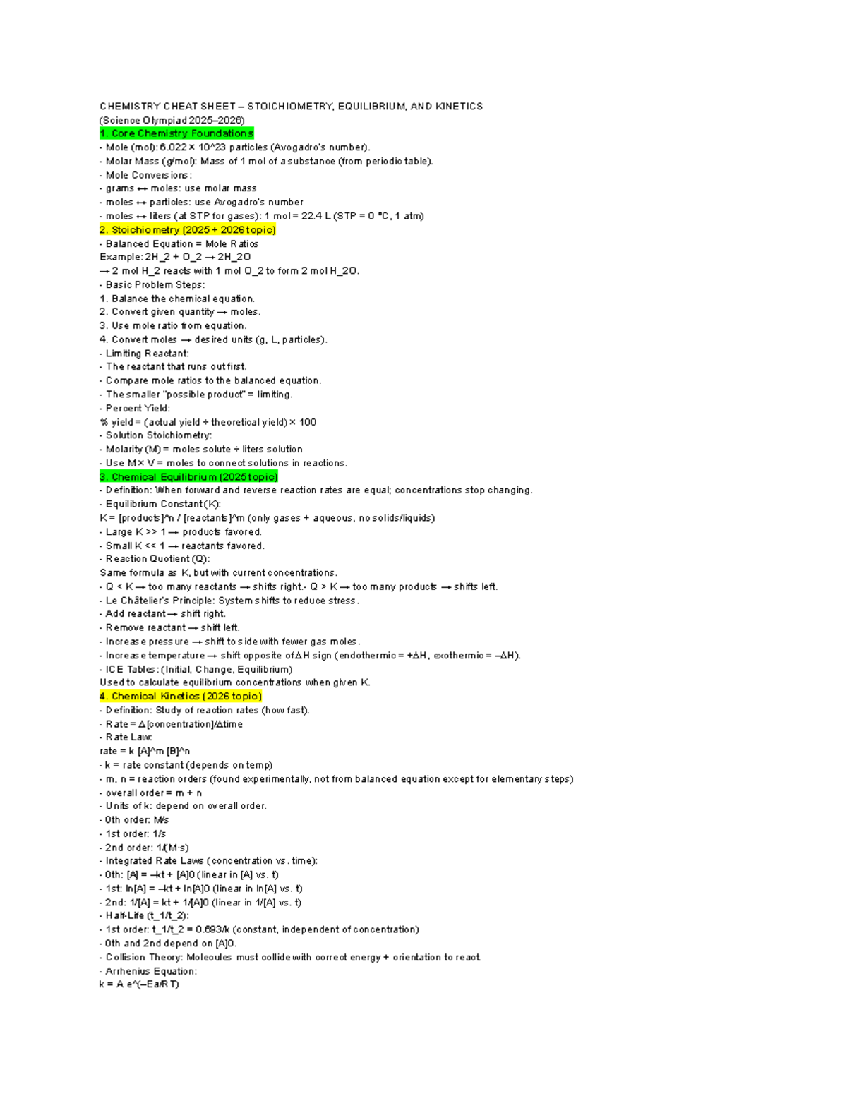 CHEM 919333290 Cheat Sheet: Stoichiometry, Equilibrium & Kinetics - Studocu
