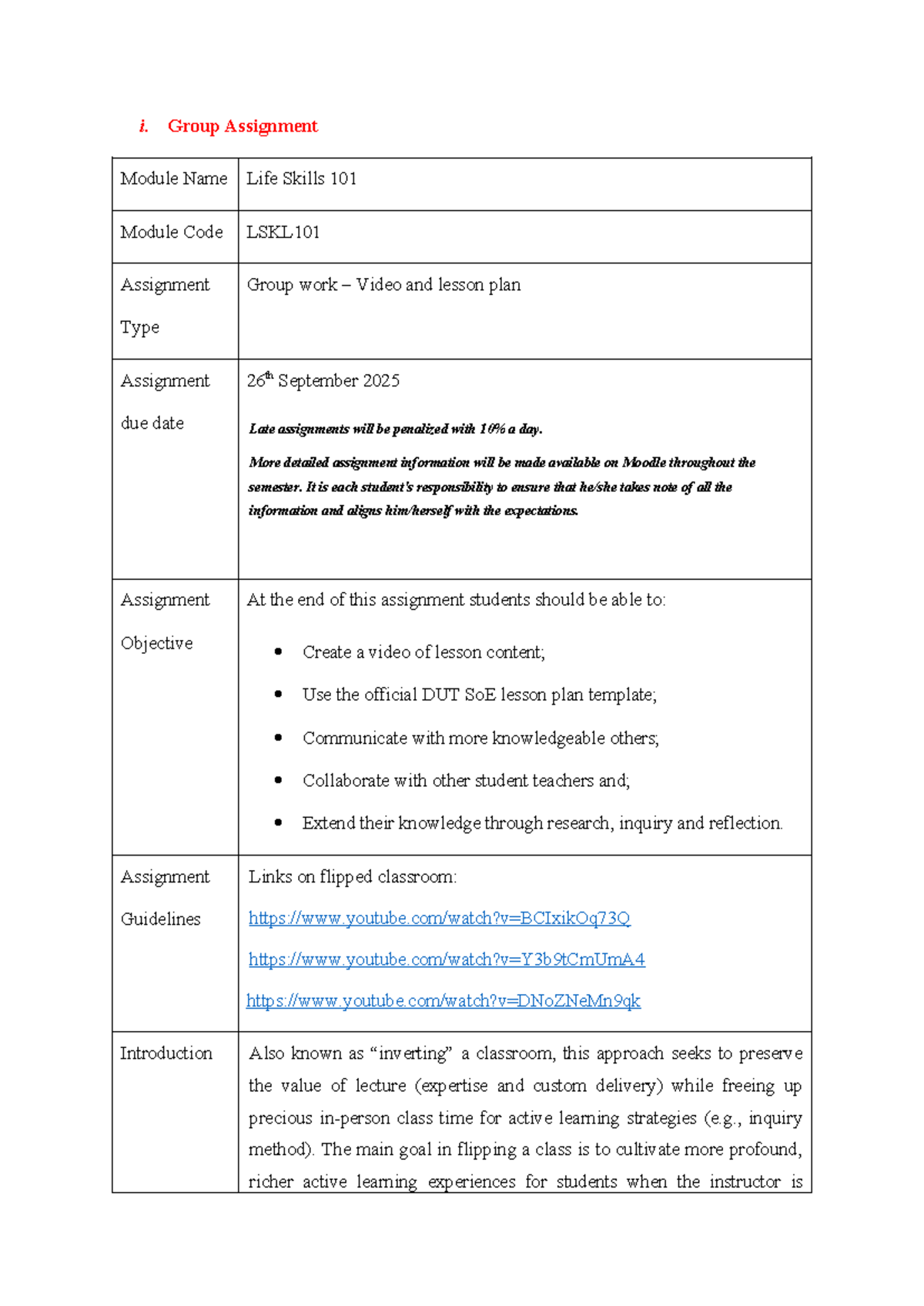 Group Assignment: Life Skills 101 (LSKL101) Video & Lesson Plan - Studocu