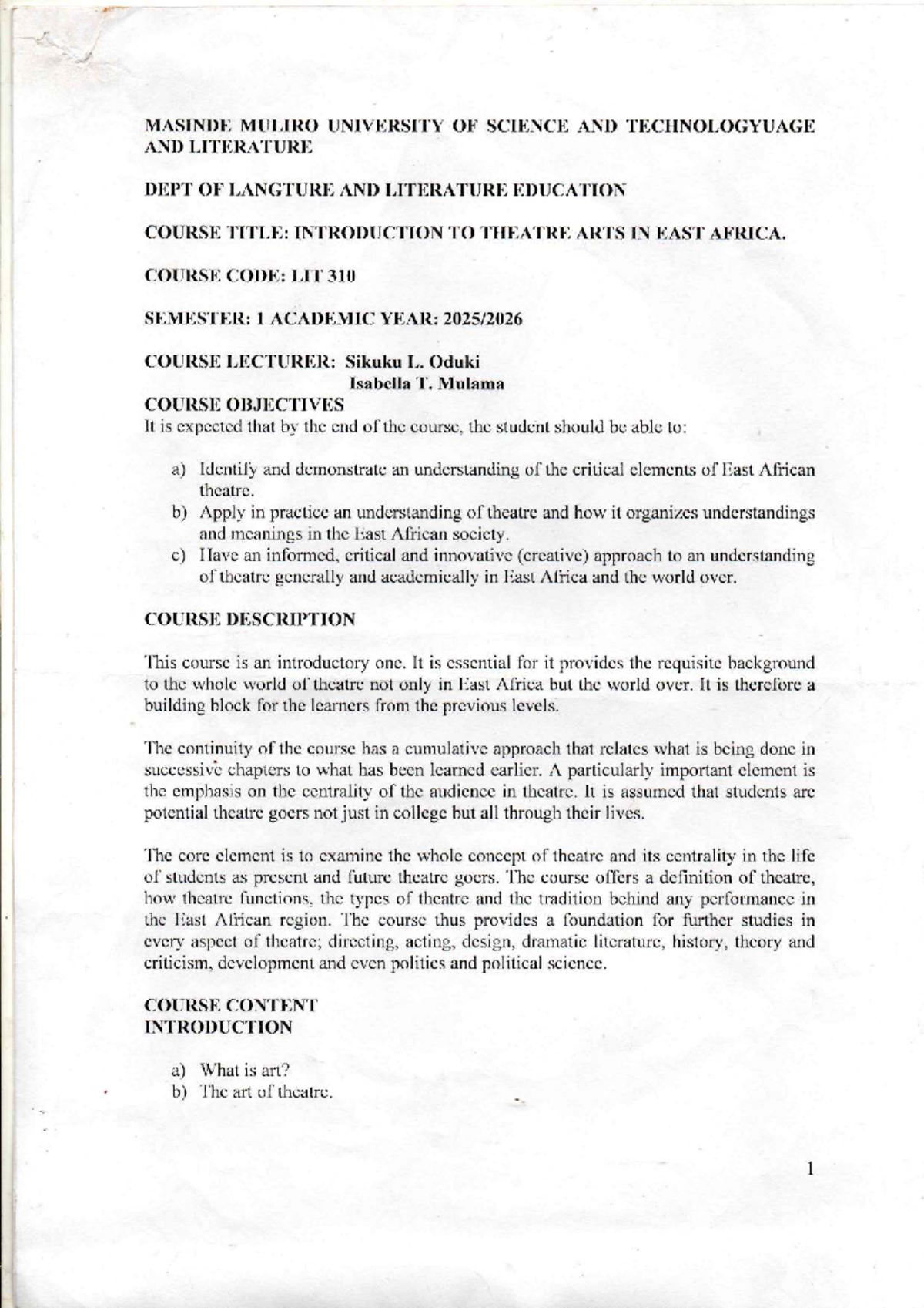 LIT 310 Introduction to Theatre Arts in East Africa Course Outline ...