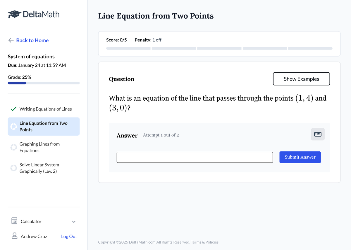 Delta Math Student Application 2 - Line Equation from Two Points Score ...