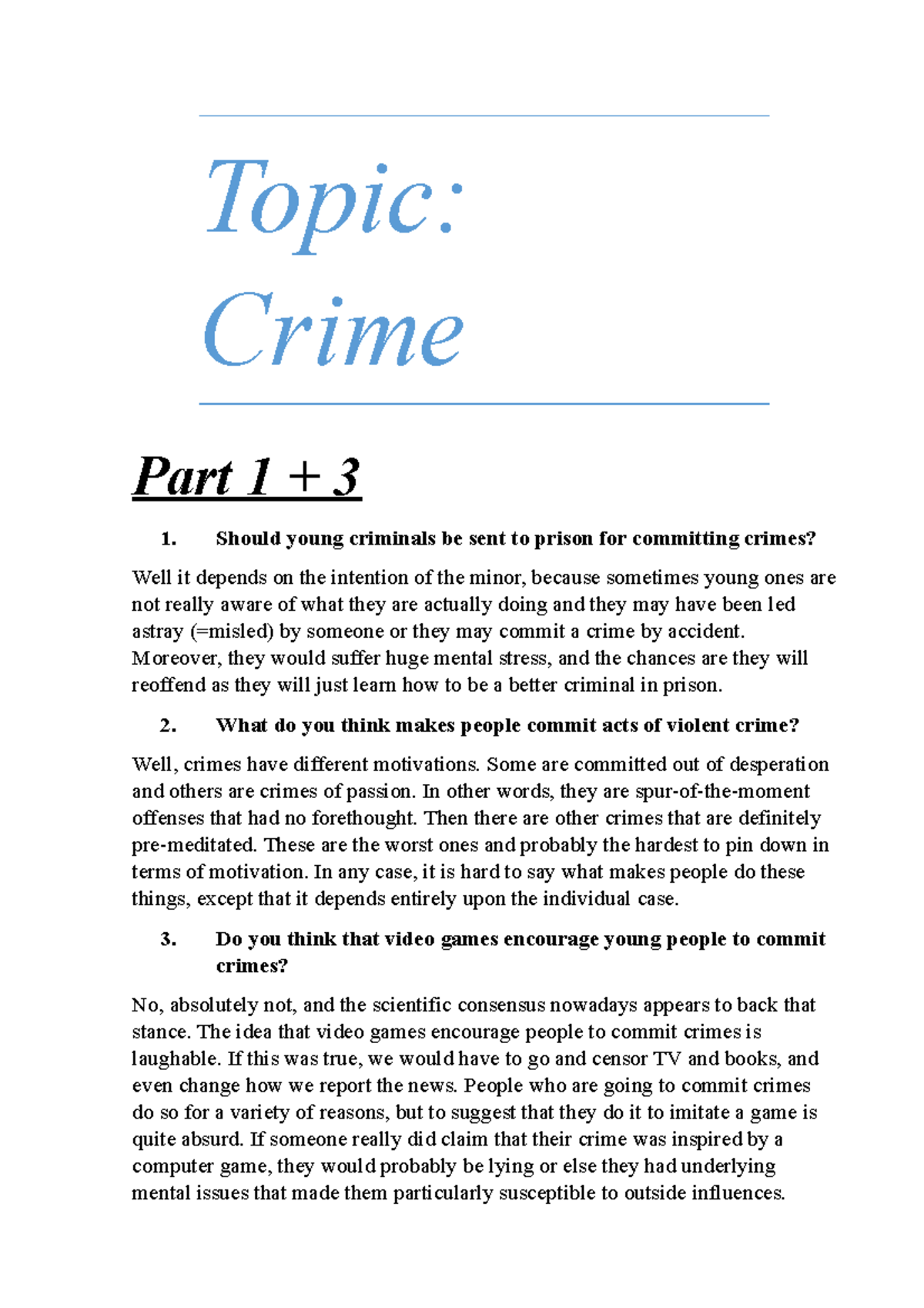 IELTS Speaking Part 1 & 3: Discussion on Crime Issues - Studocu