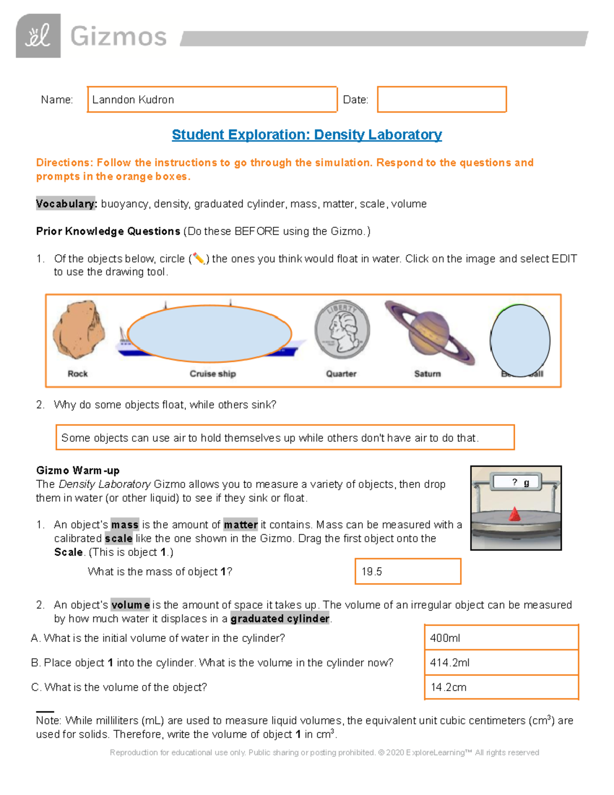 Density Lab SE (Student Exploration) - Understanding Floating & Sinking ...