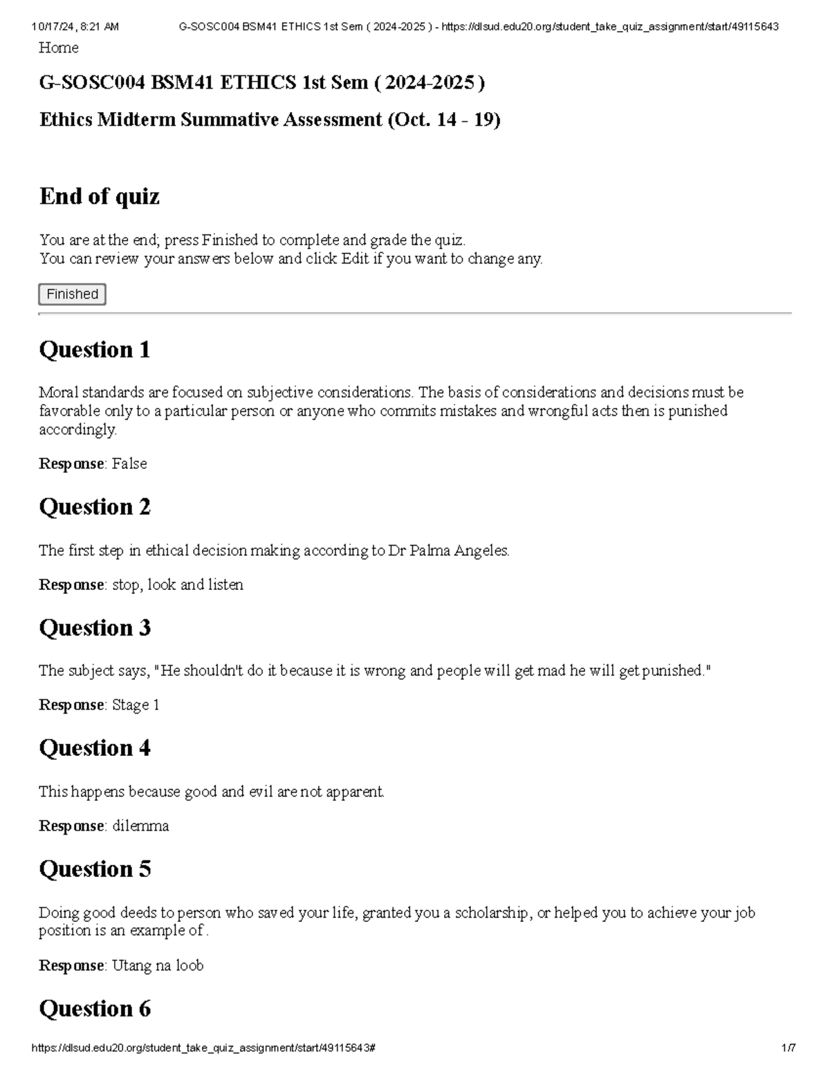 Summative Ethics - answer - Home G-SOSC004 BSM41 ETHICS 1st Sem ( 2024-2025 ) Ethics Midterm ...