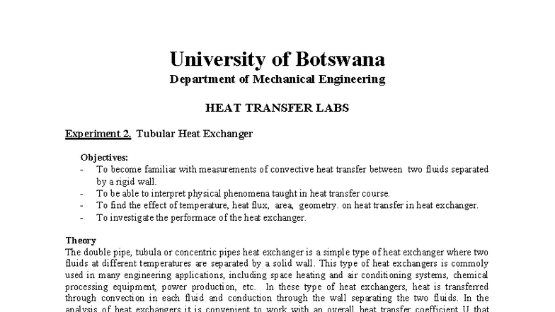MEB 421 Heat Transfer Lab 2: Tubular Heat Exchanger Analysis - Studocu