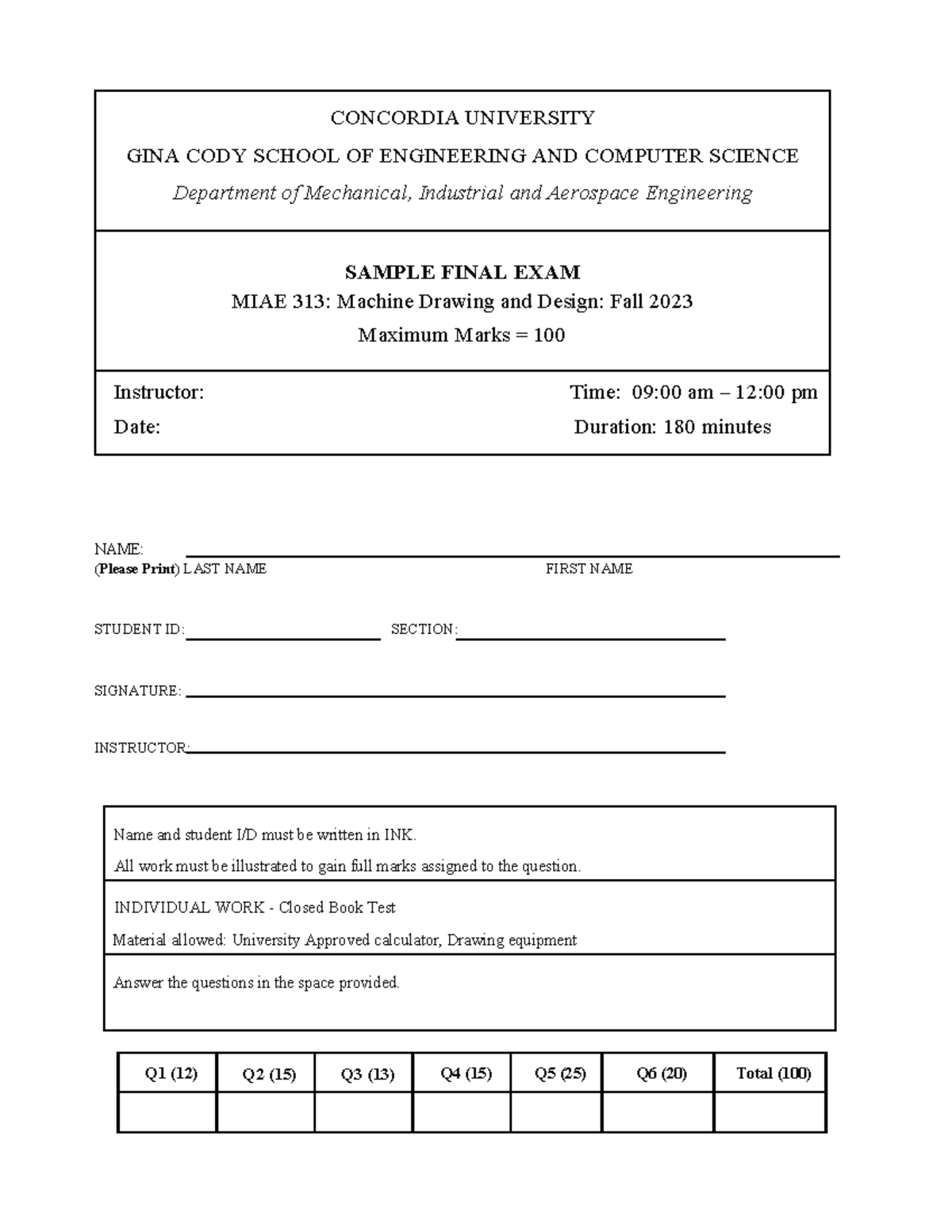 MIAE 313: Sample Final Exam - Machine Drawing & Design Fall 2023 - Studocu