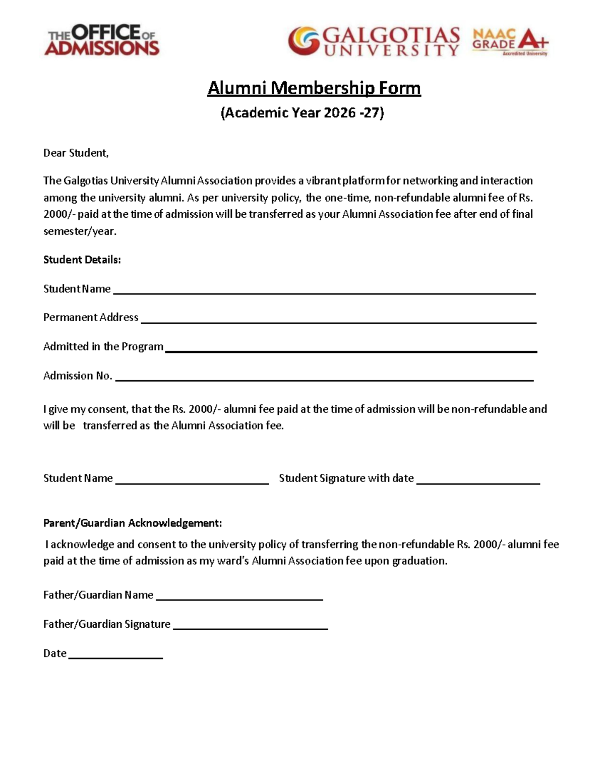 Galgotias University Alumni Membership Form - Academic Year 2026 - Studocu