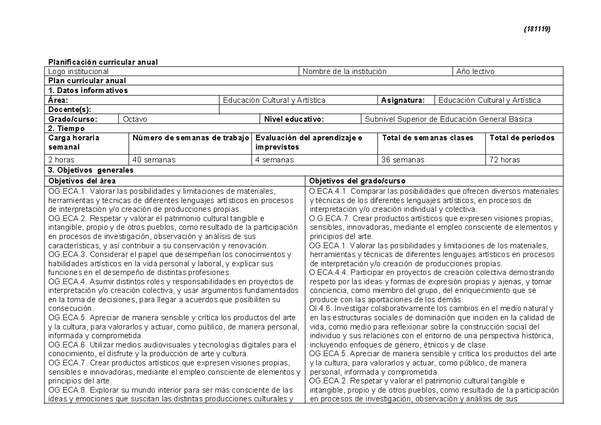 Plan Curricular Anual de Educación Cultural y Artística ECA 8VO EGB ...