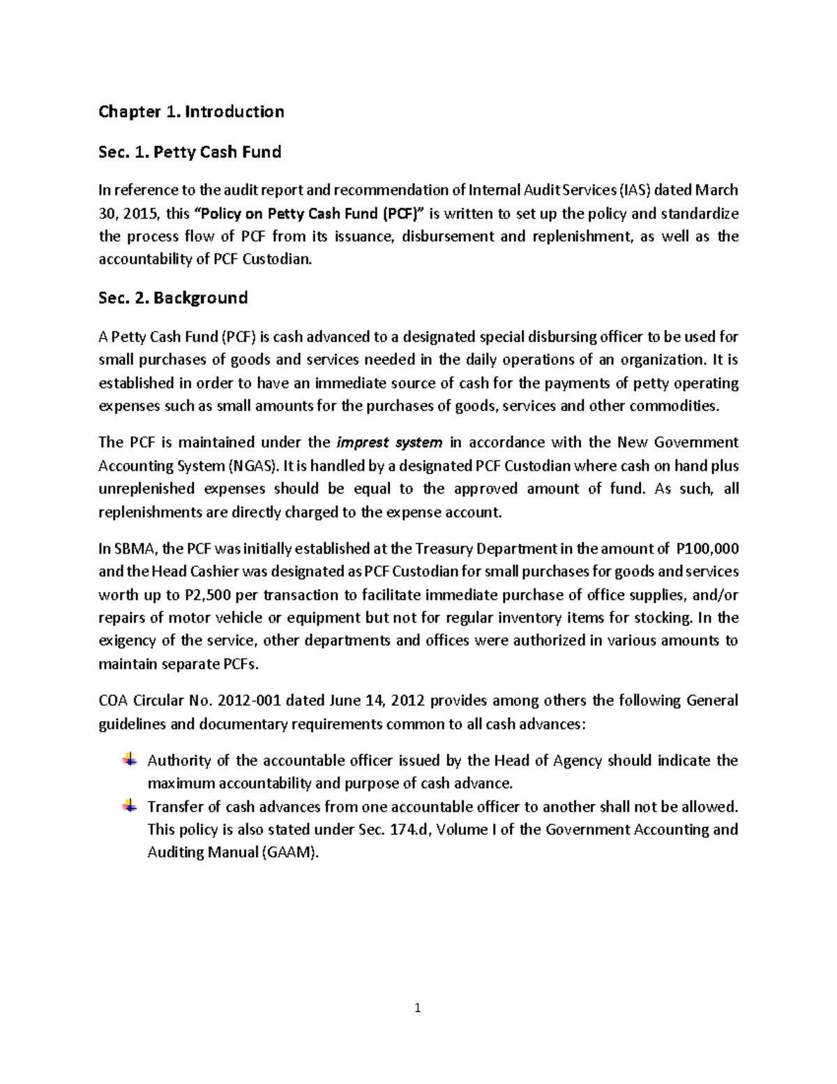 SBMA PCF Policy and Guidelines for Petty Cash Management - Studocu