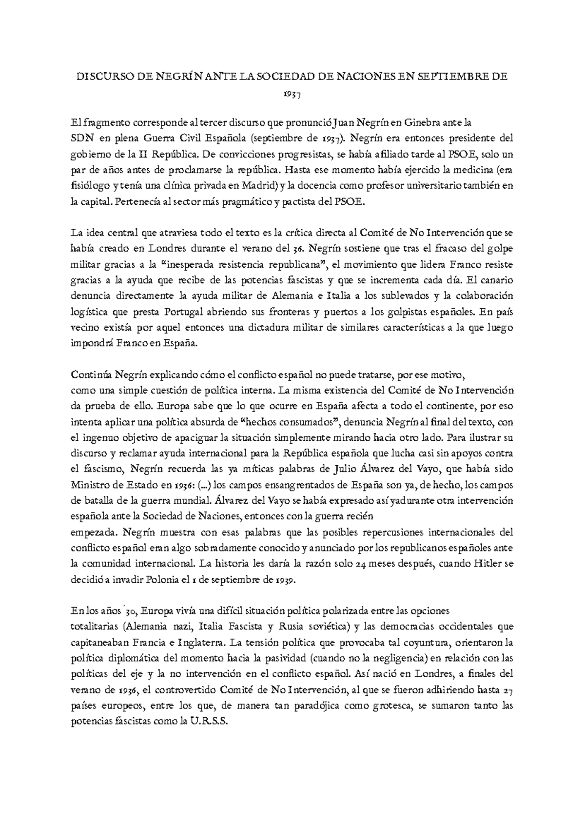 Comentario del Discurso de Negrín en la SDN - 1937 - Studocu