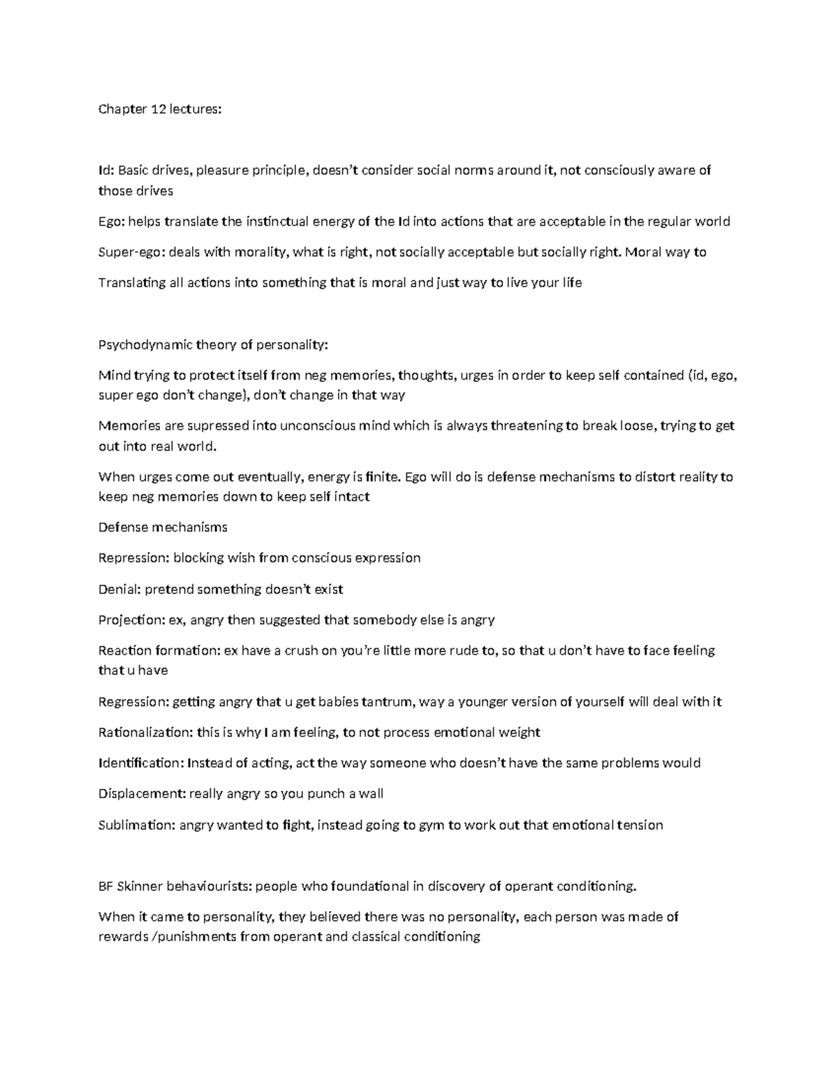 Chapter 12 - Lecture Notes: Psychodynamic & Humanistic Theories of ...