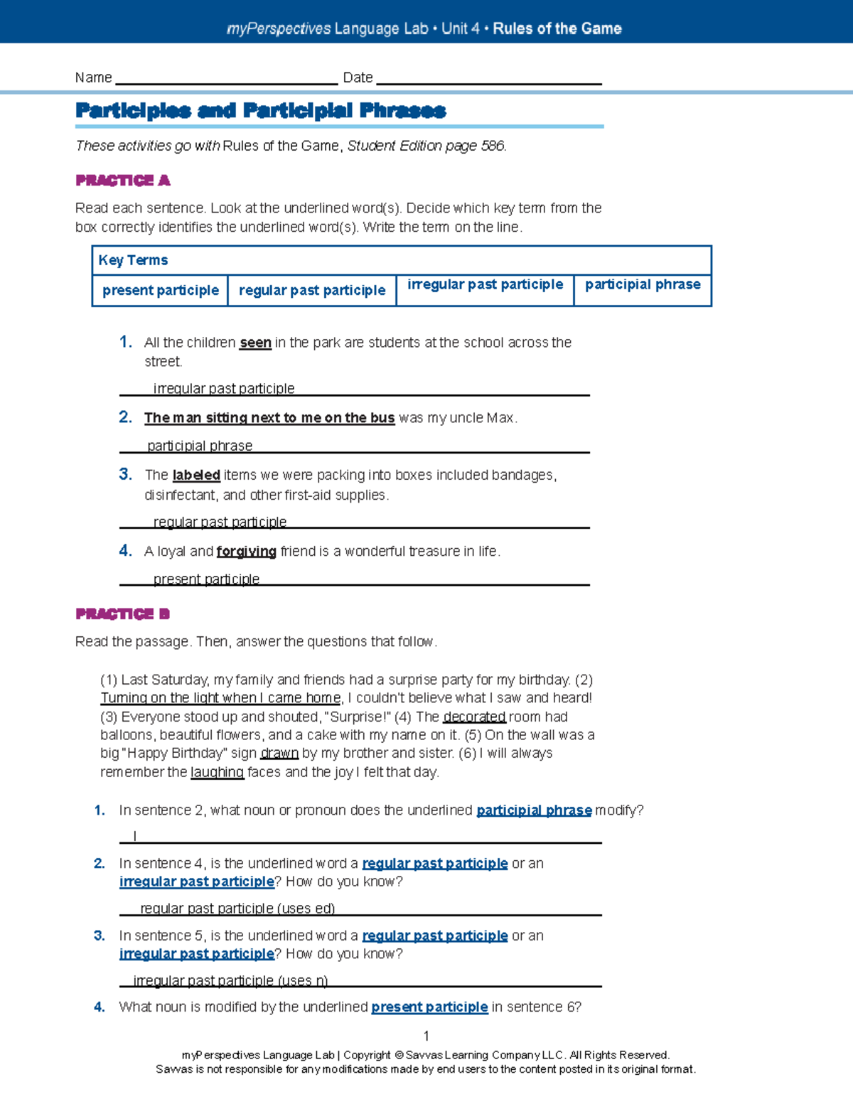ENG101 Participles and Participial Phrases Practice Activities - Studocu