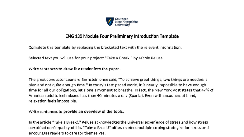 ENG 130 Module Four Introductory Paragraph on Stress Management - Studocu