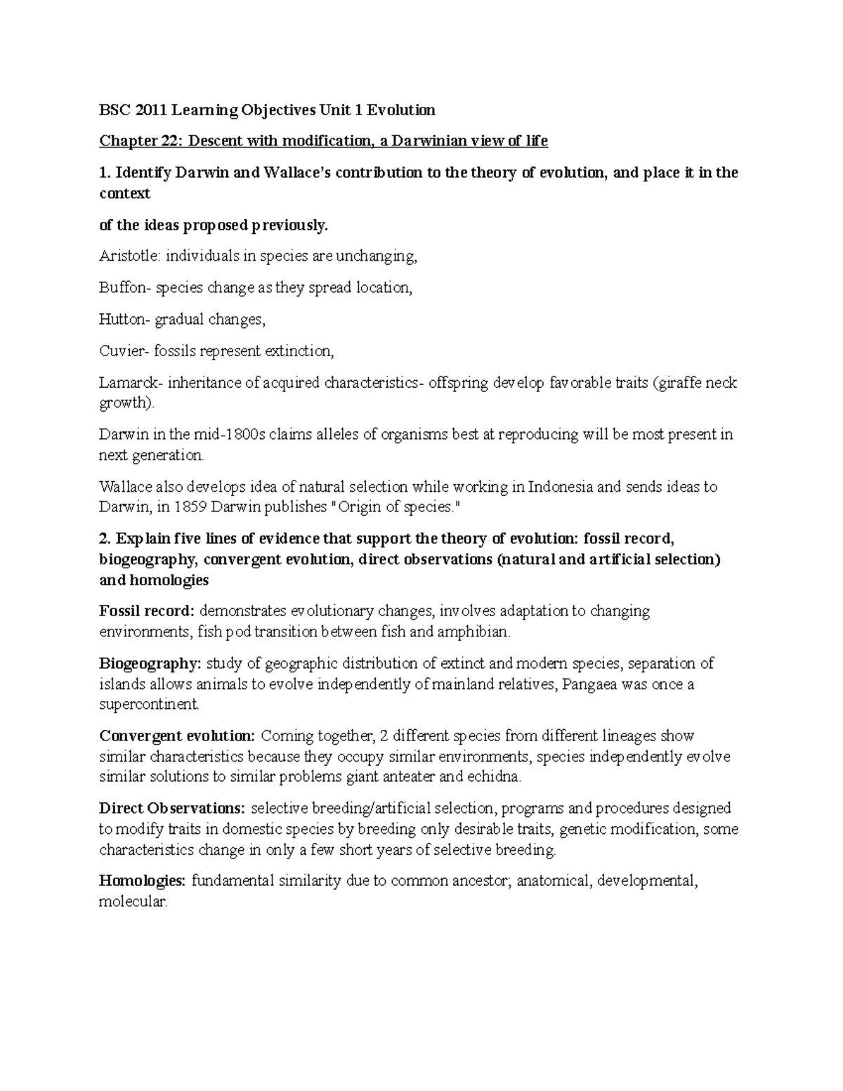 BSC 2011 Learning Objectives Unit 1 Evolution Exam - BSC 2011 Learning ...