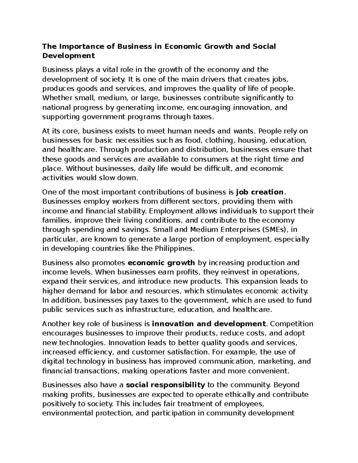 The Role of Business in Economic Growth & Social Development - Studocu