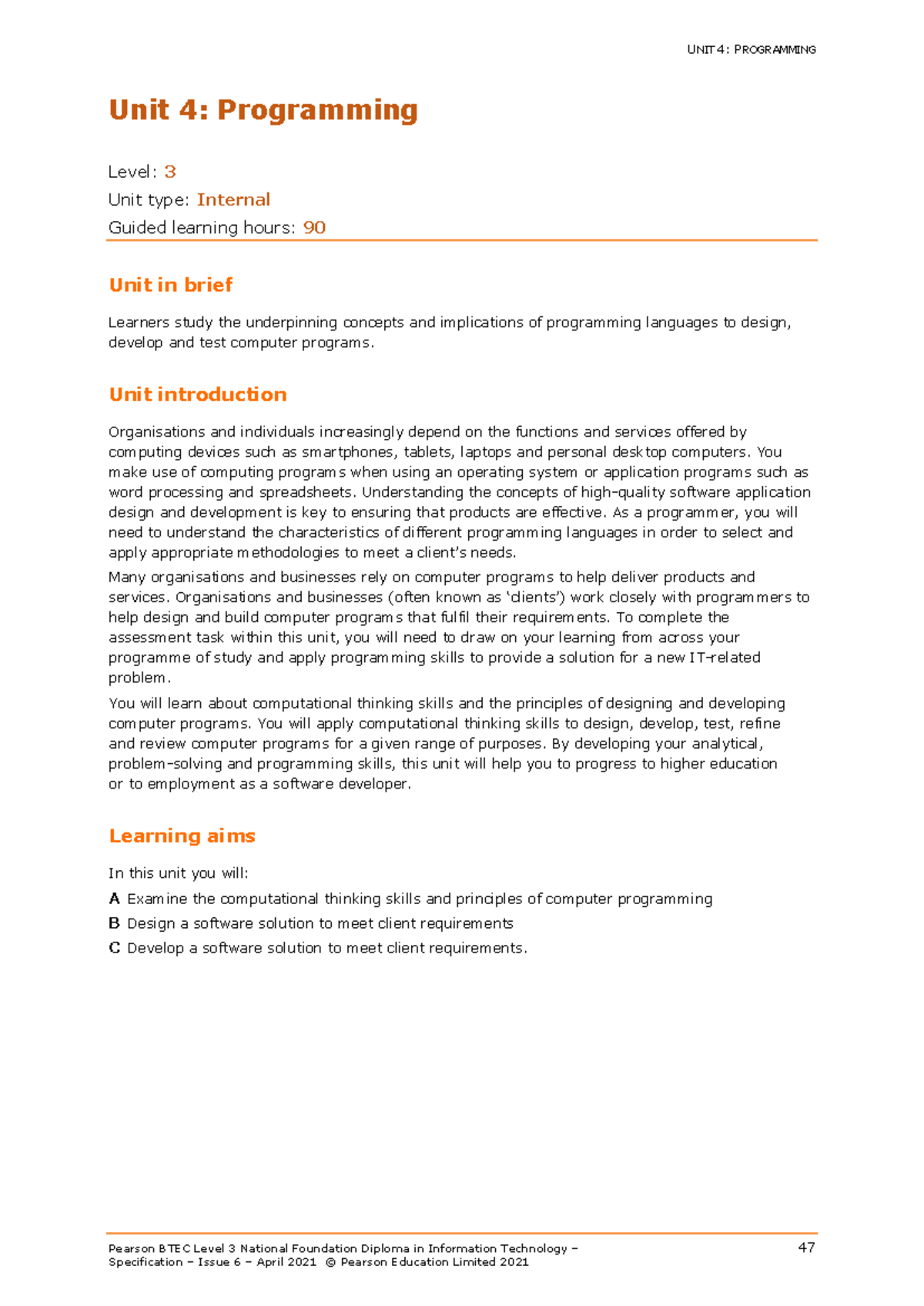 BTEC L3 IT Unit 4: Programming Specification and Learning Aims - Studocu