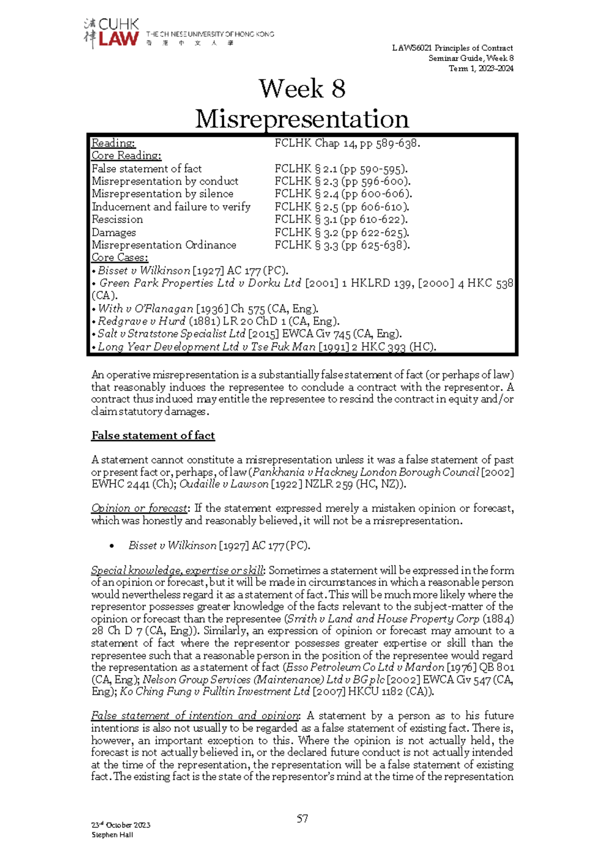FCLHK Week 8 Seminar Notes: Misrepresentation Overview 2023-2024 - Studocu