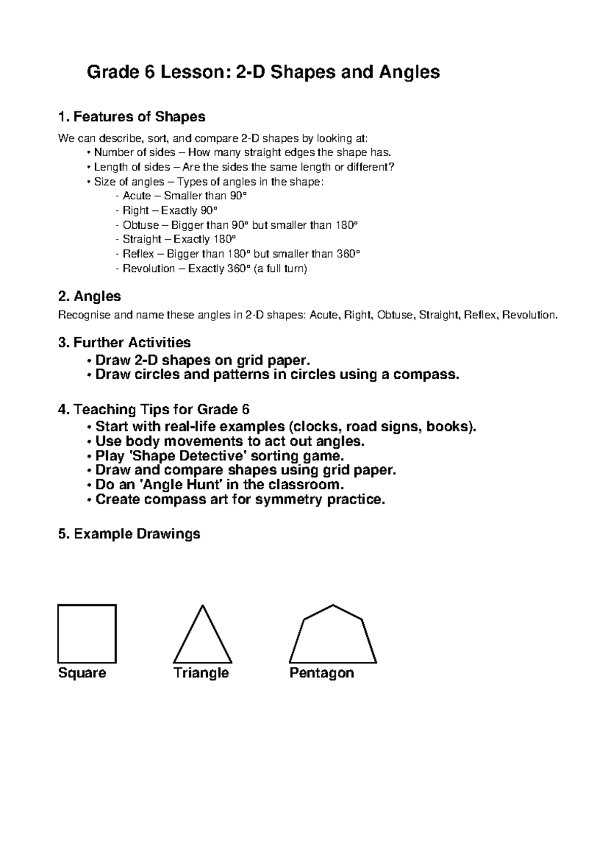 Grade 6 Lesson: Exploring 2D Shapes and Angles - Studocu