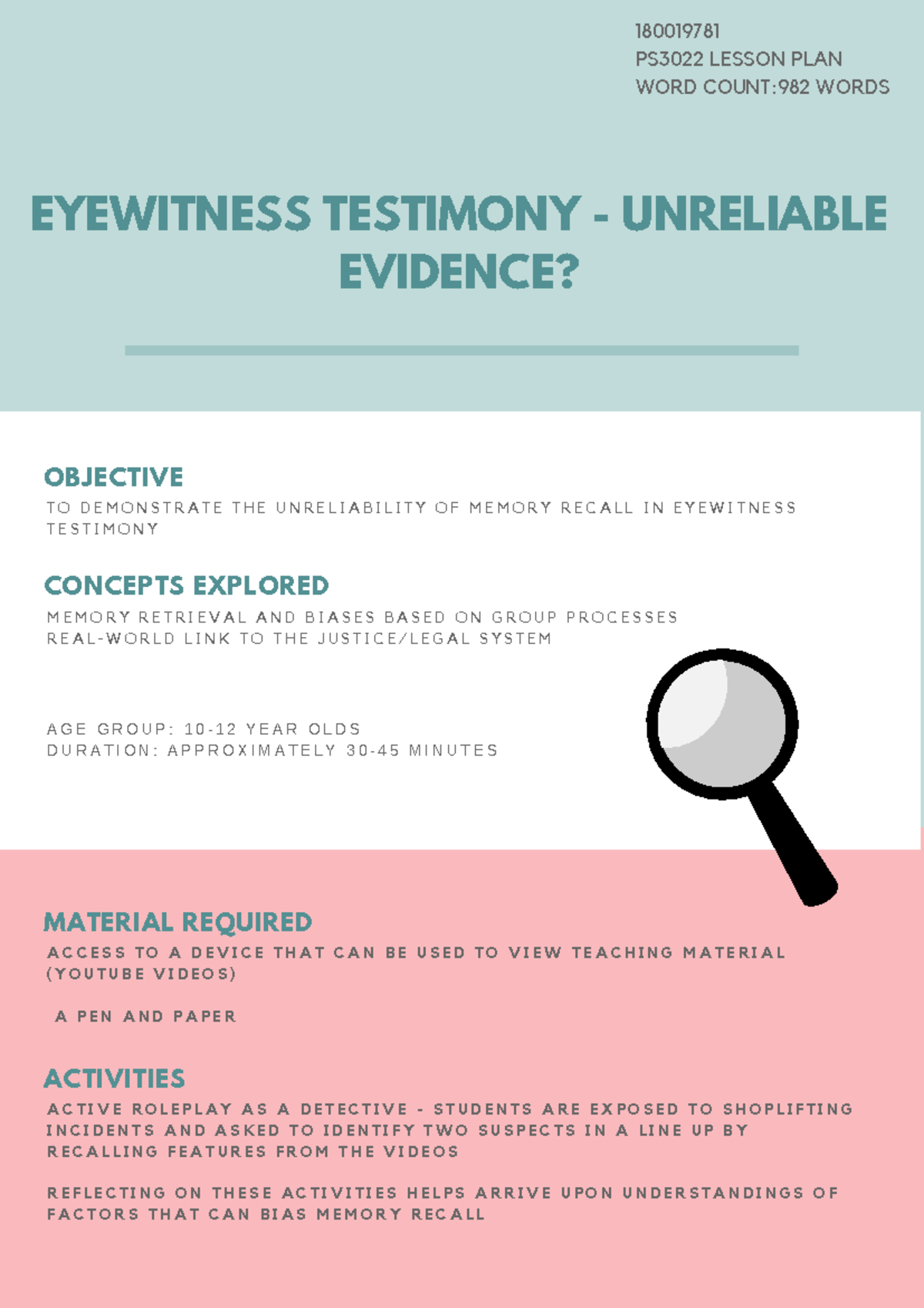 PS3022 Lesson Plan: Understanding Eyewitness Testimony Bias - Studocu