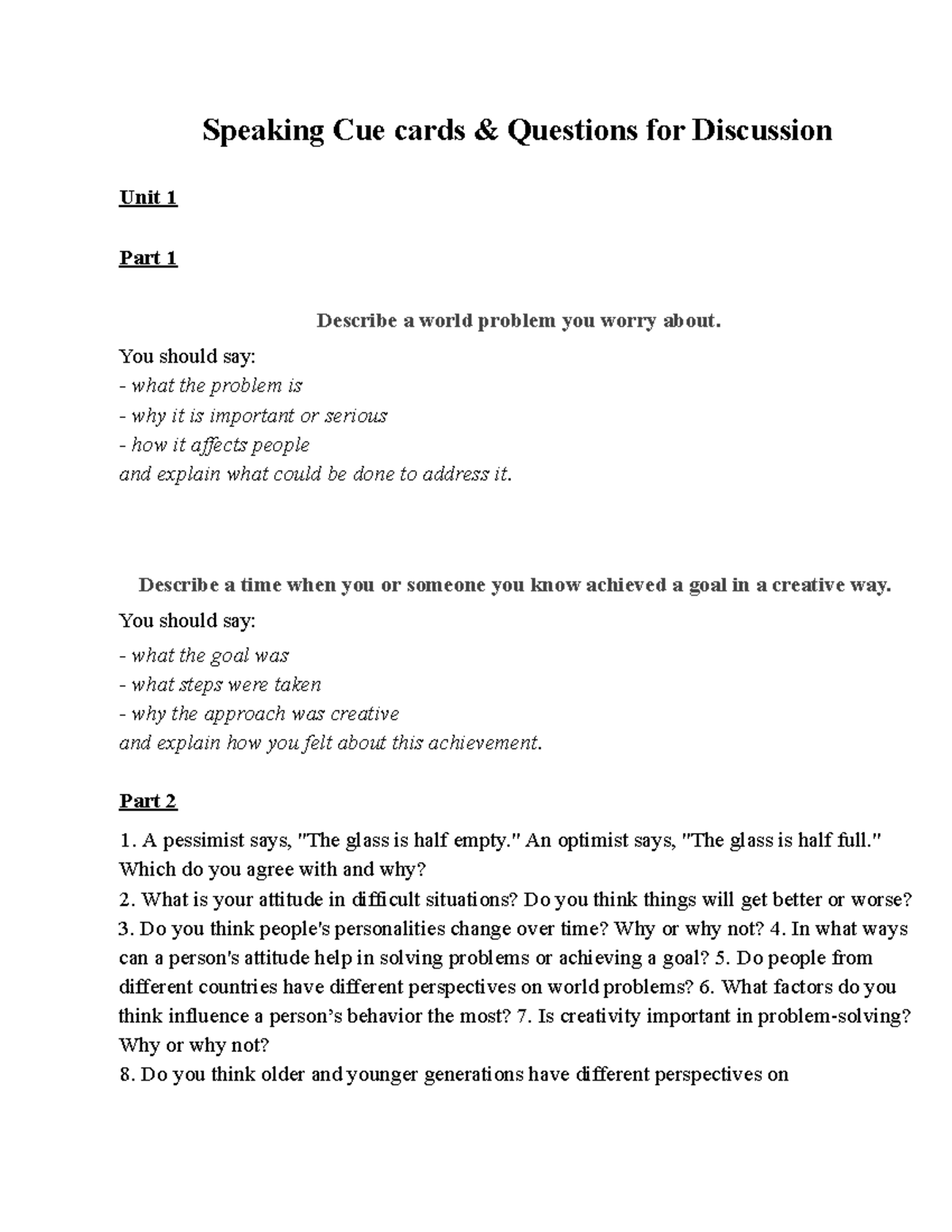 ENT403 Speaking Cue Cards: Discussion Questions for Units 1-10 - Studocu