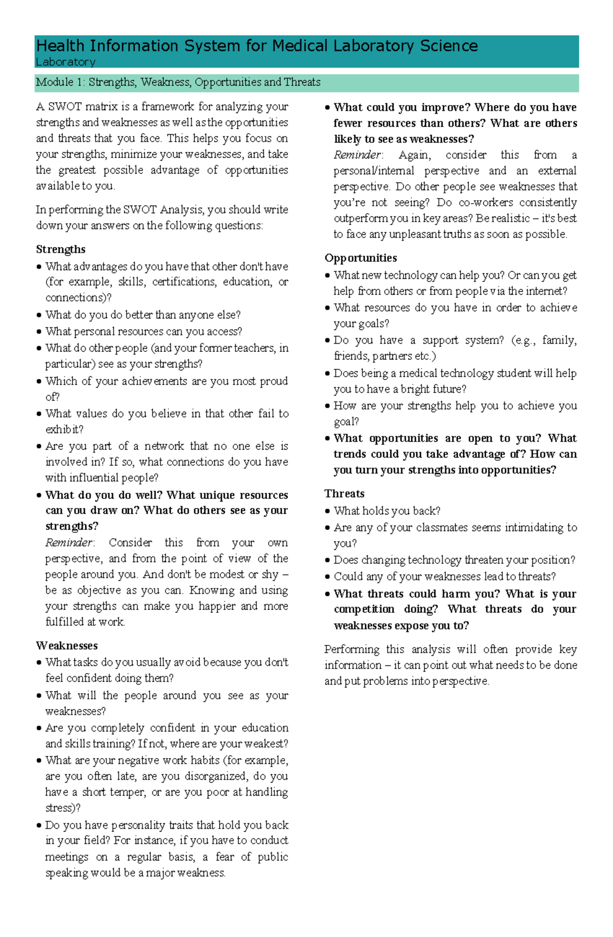 Health Information System: SWOT Analysis for Medical Lab Science Module ...